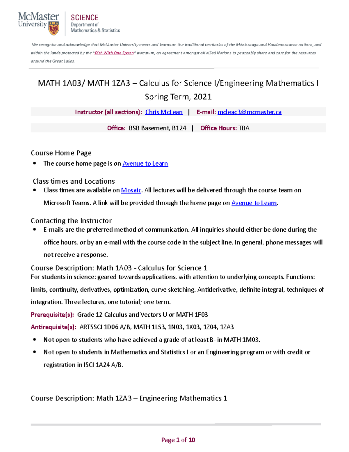 MATH-1A03-SP - course outline - We recognize and acknowledge that ...