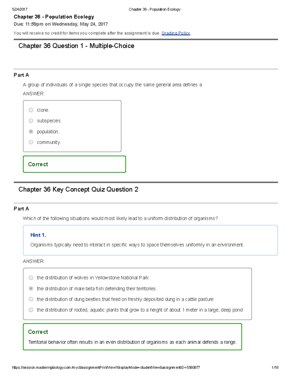 Chapter 36 - Population Ecology - 5/24/2017 Chapter 36 ­ Population ...