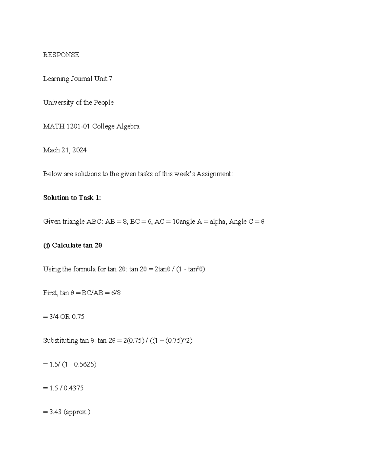 Response to Math 1201 Assignment Unit 7 - RESPONSE Learning Journal ...