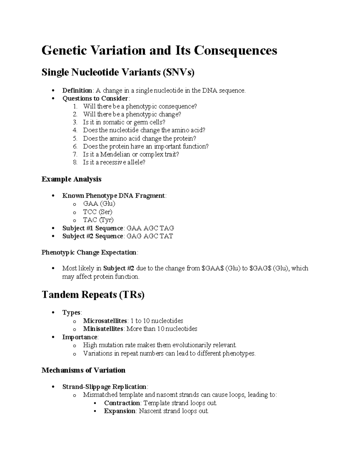 Genatic variation note - Genetic Variation and Its Consequences Single ...