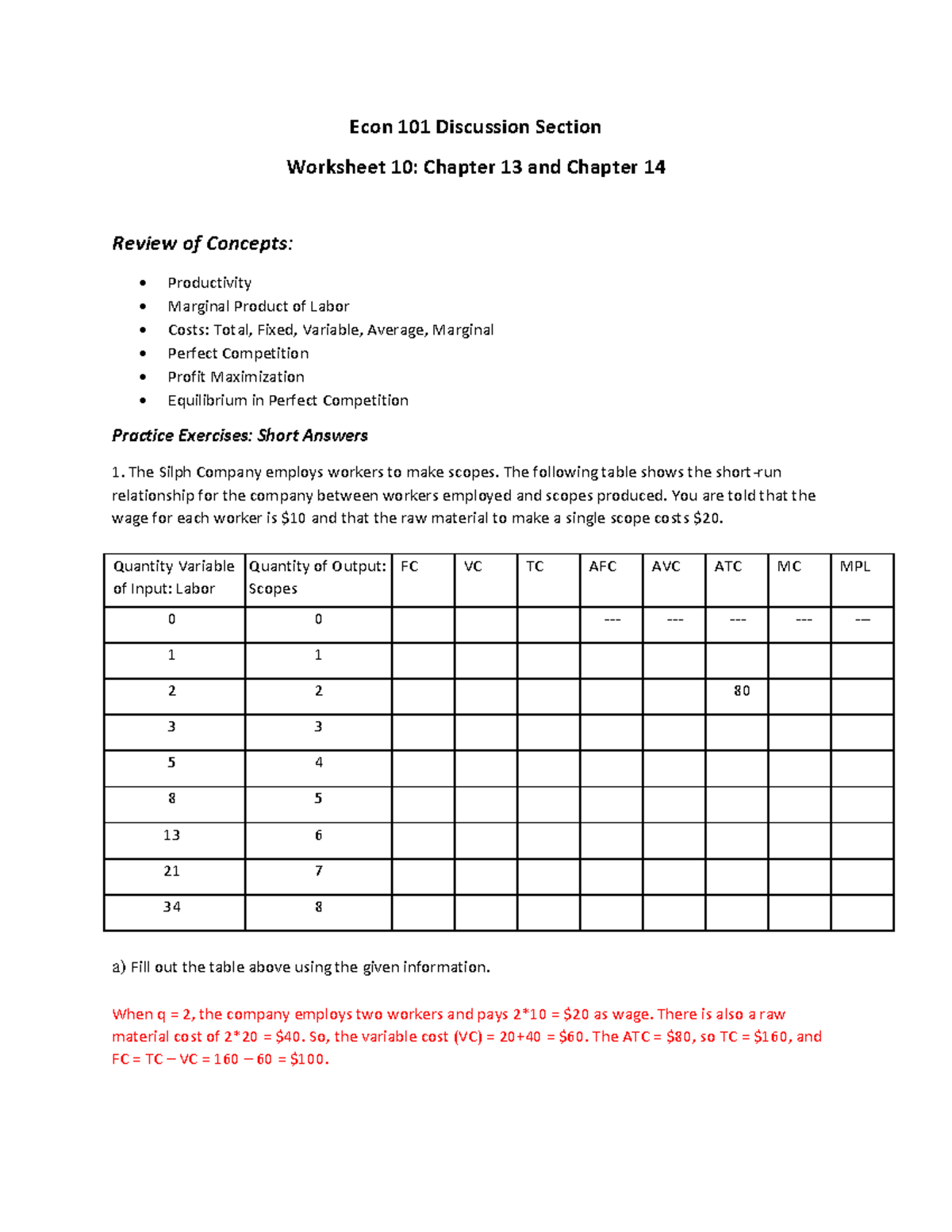 Econ 101 Discussion Worksheet Ch13 and Ch14 with answers - Econ 101 ...