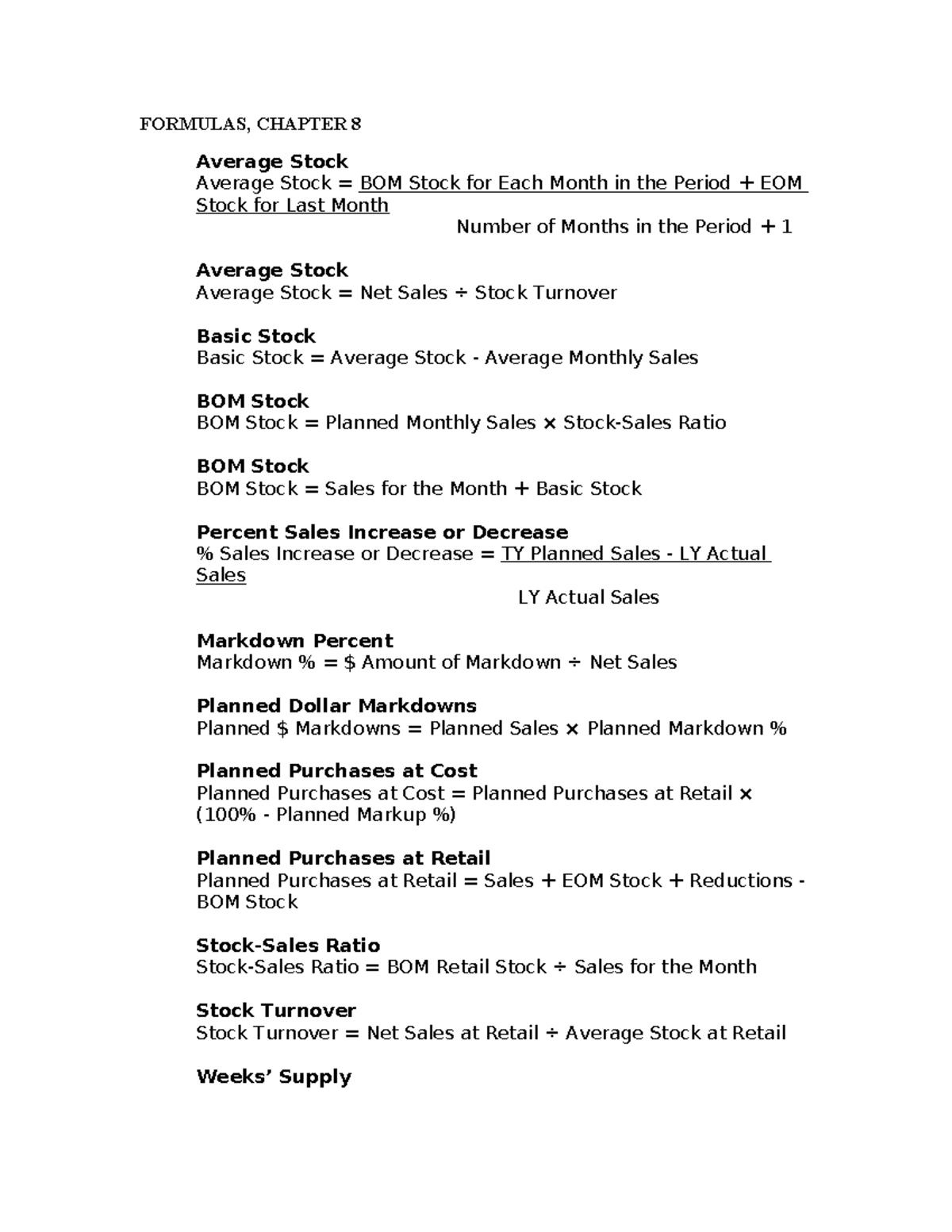 Formulas Chapter 8 - FORMULAS, CHAPTER 8 Average Stock Average Stock ...