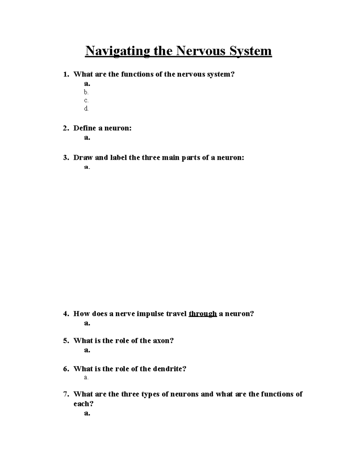 Navigating the Nervous System Student Worksheet - Navigating the ...