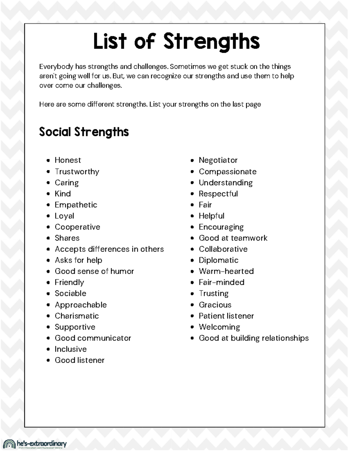 My Strengths Activity - List of 256 Strengths for Kids - List of ...