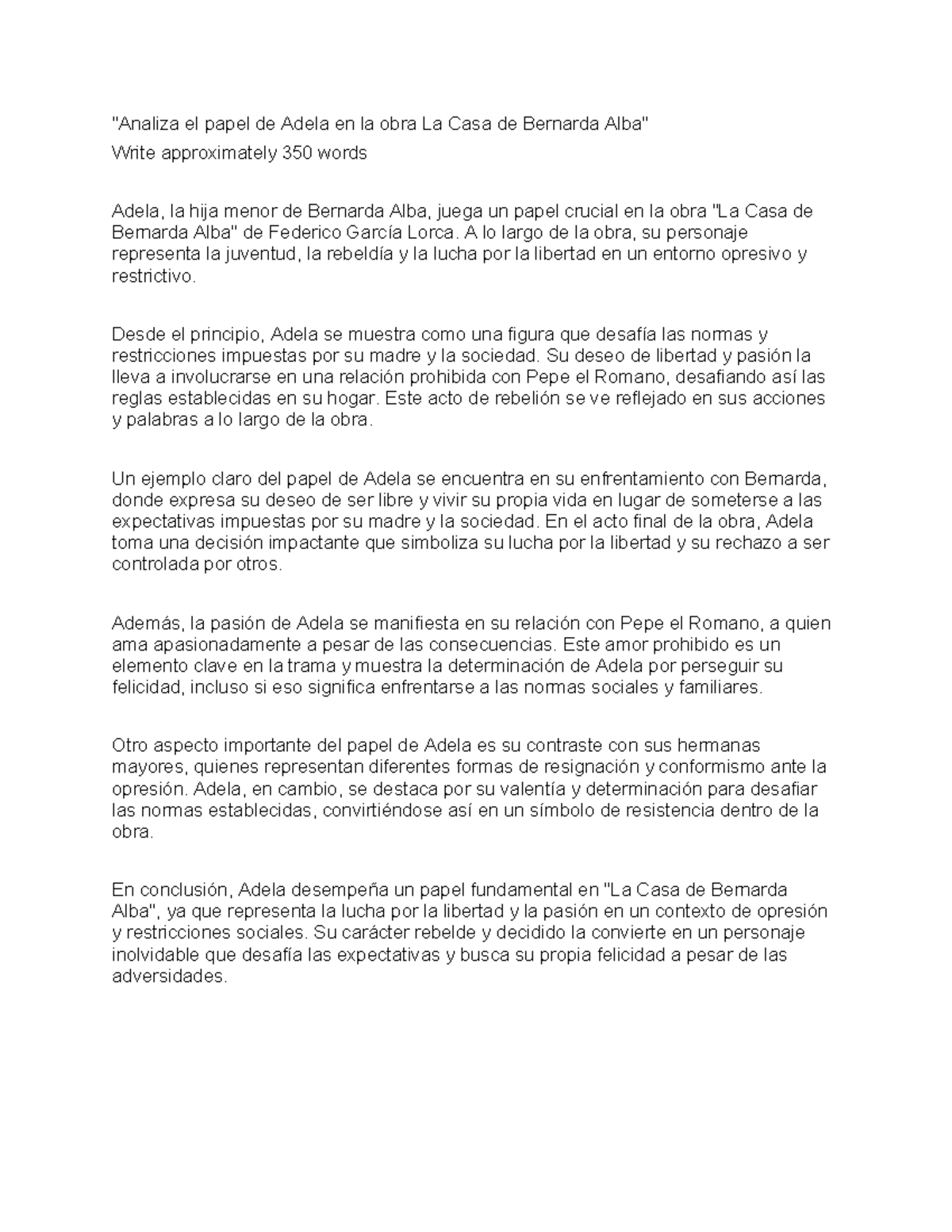 Analiza el papel de Adela en la obra La Casa de Bernarda Alba ...