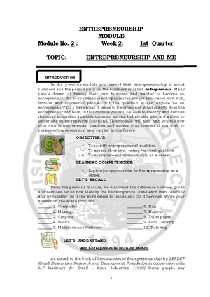 Entrep (week 1) - This is the first week in the learning competency ...