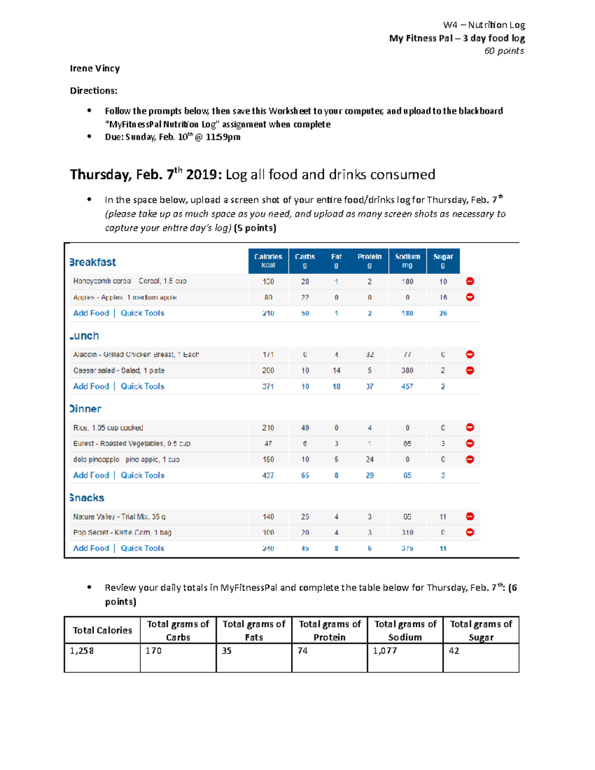Health and wellness project 1 - My Fitness Pal – 3 day food log 60 ...