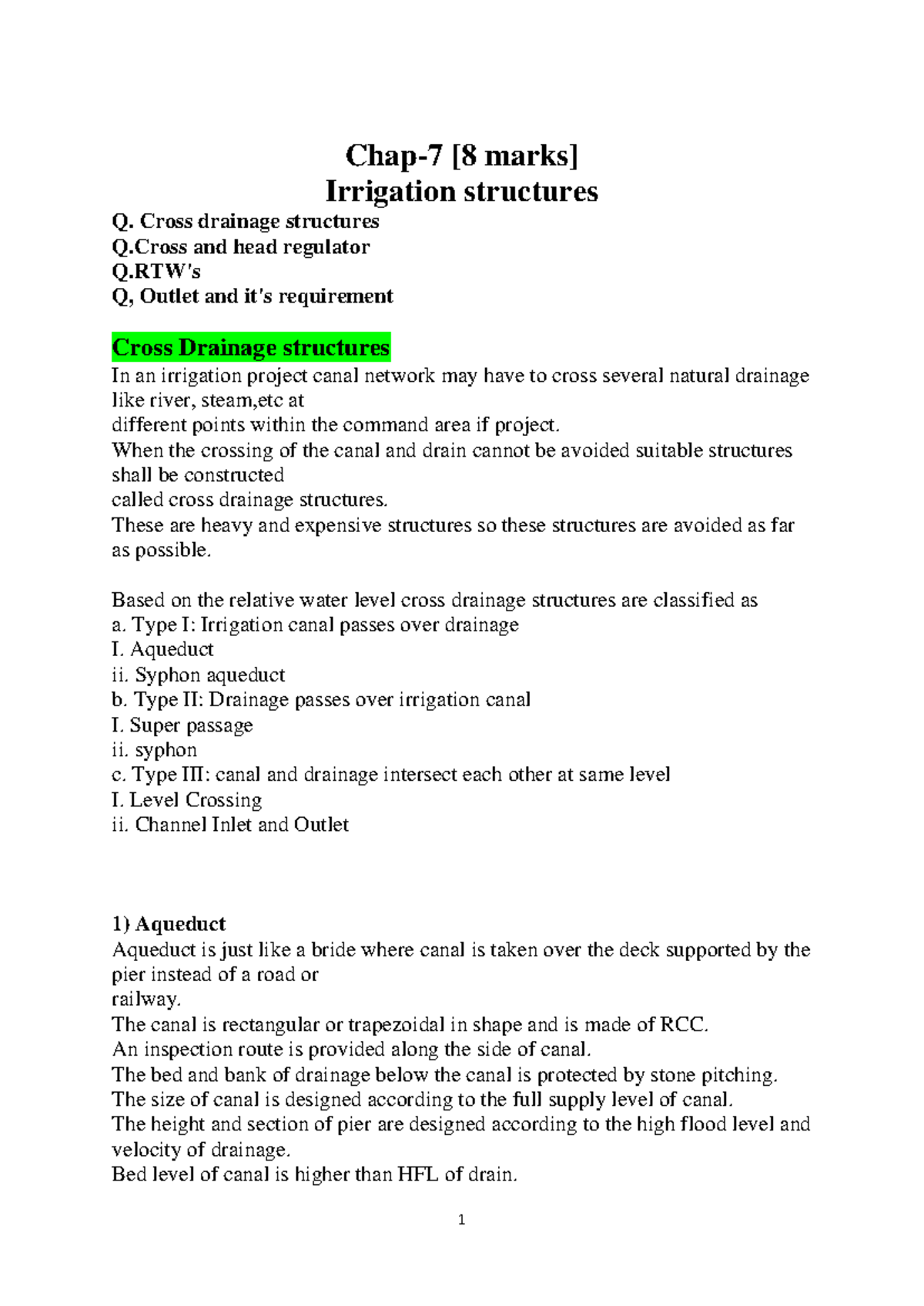 Chap 7 Irrigation structures - Chap-7 [ 8 marks] Irrigation structures ...
