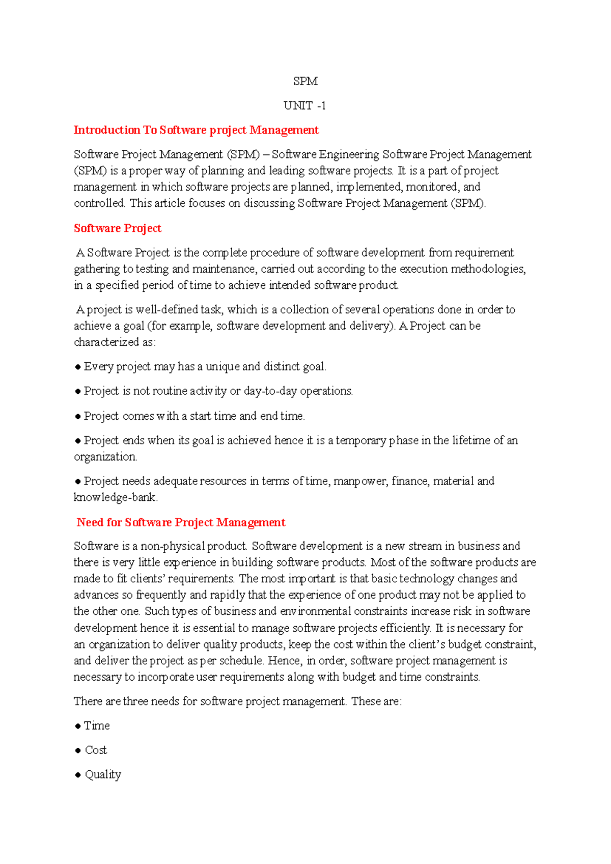 SPM merged merged - SPM UNIT - 1 Introduction To Software project Management Software Project ...