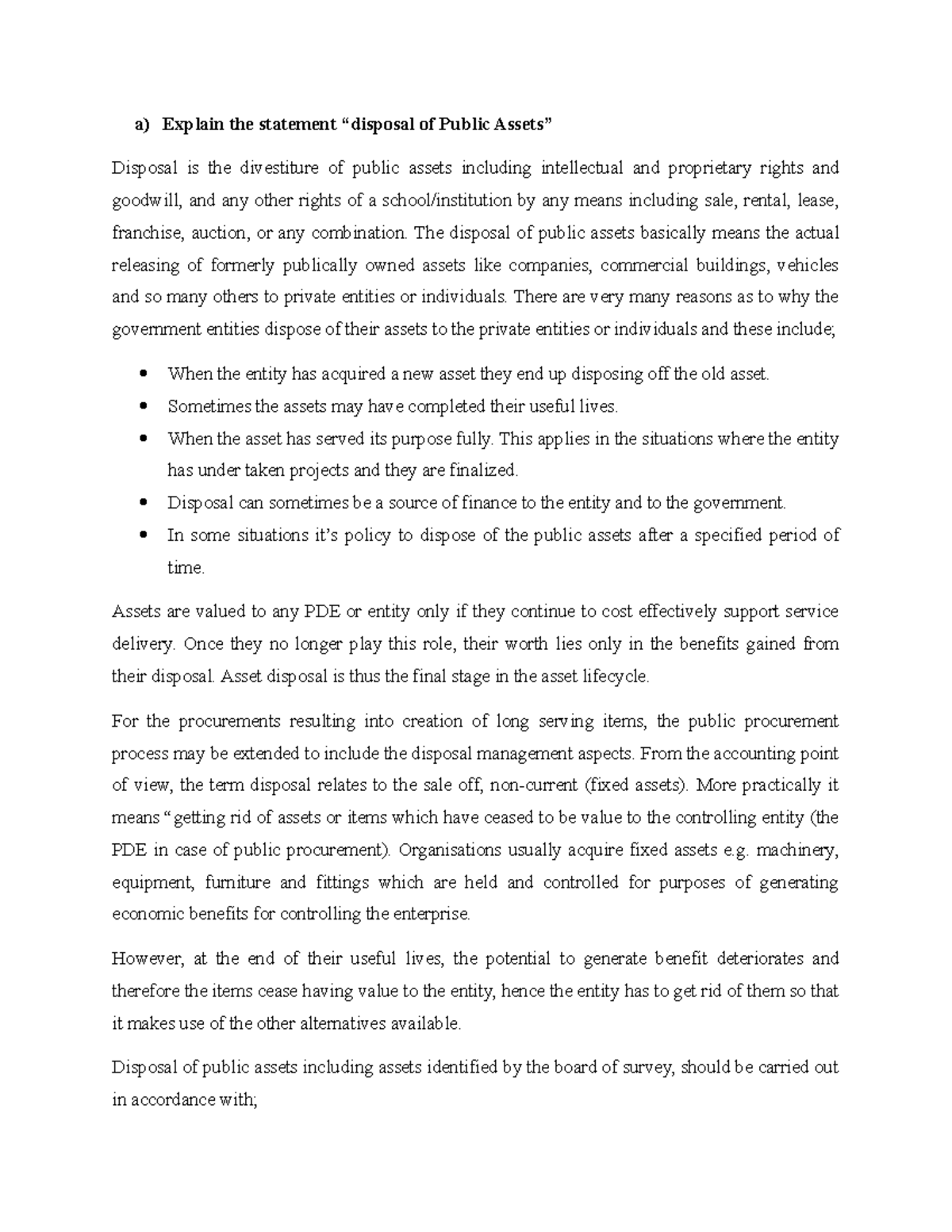 Coursework on uganda PPDA ACT - a) Explain the statement “disposal of ...