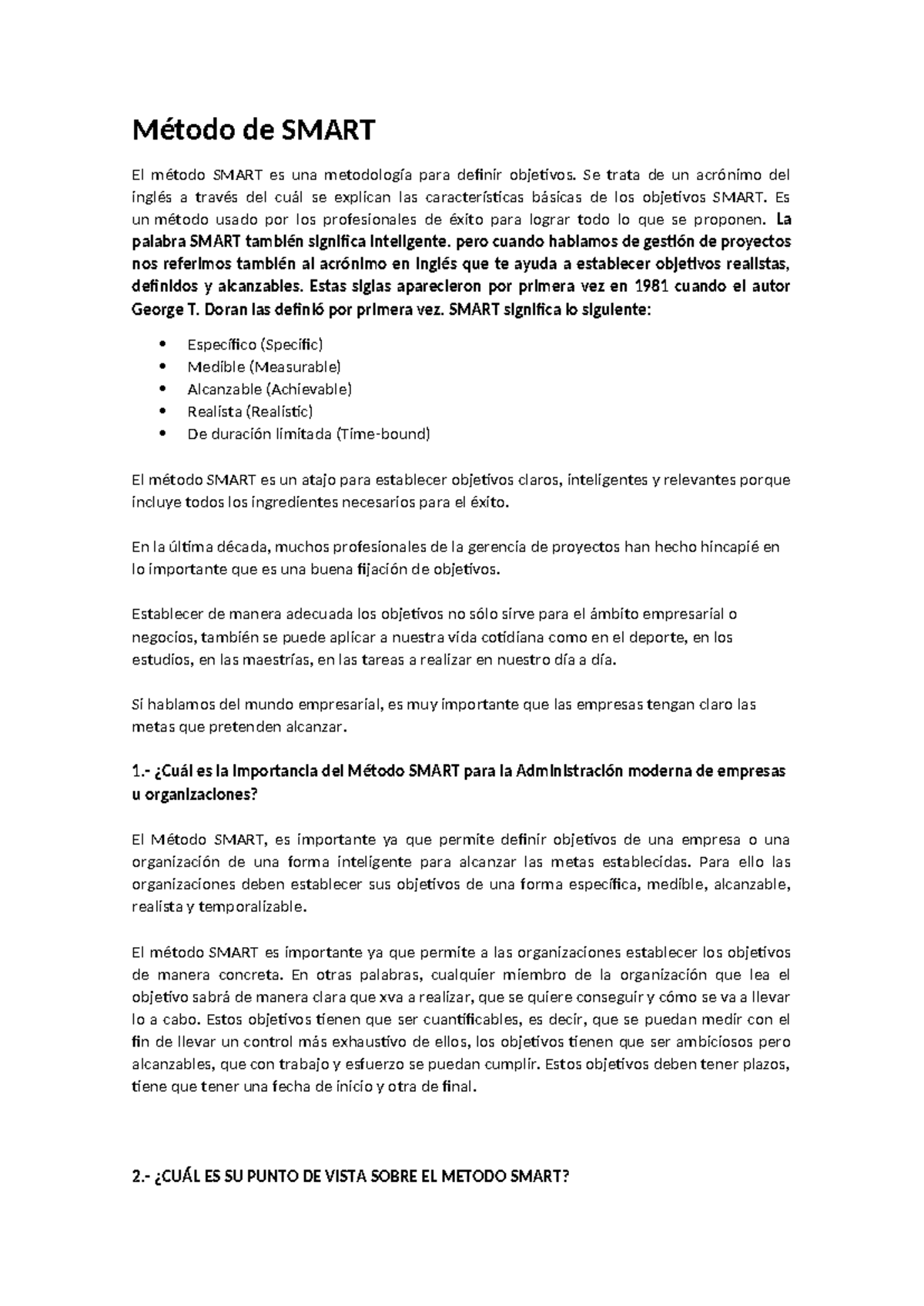 Resumen Método de Smart - Método de SMART El método SMART es una ...