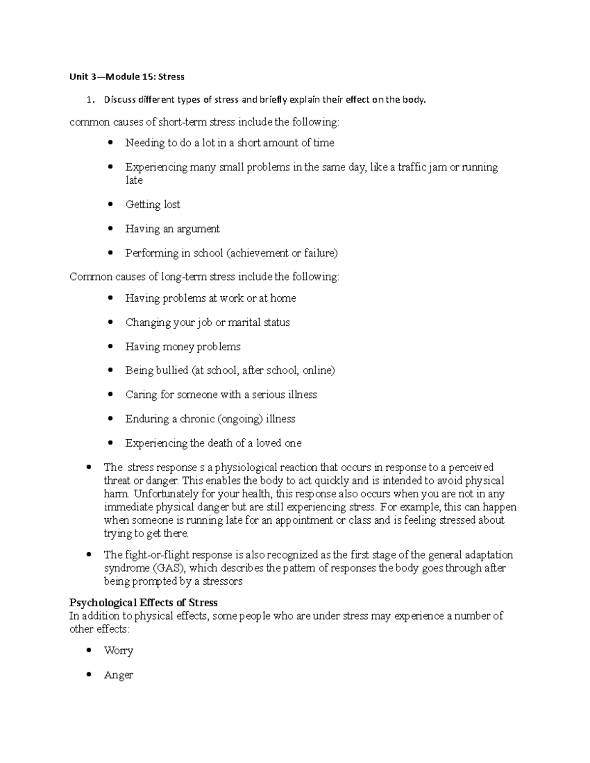 Unit 3 15 - study guide questions and answers for Module 15: Stress ...