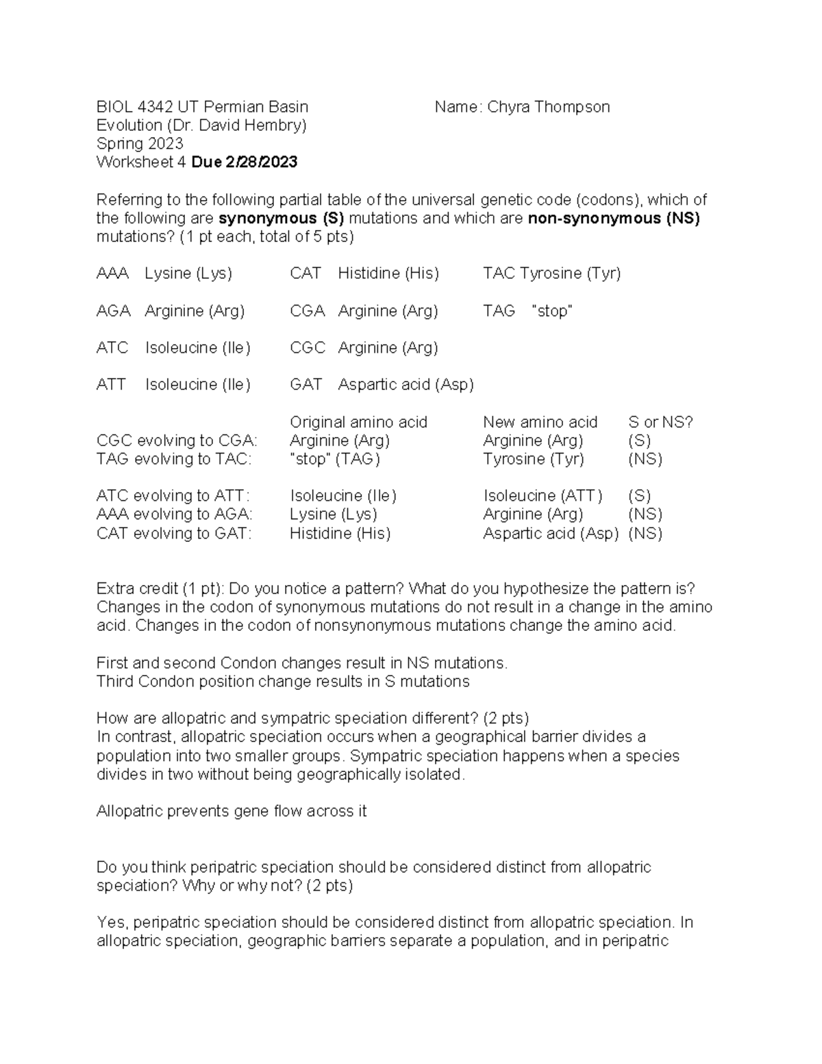 BIOL 4342 Worksheet 4 - BIOL 4342 UT Permian Basin Name: Chyra Thompson ...