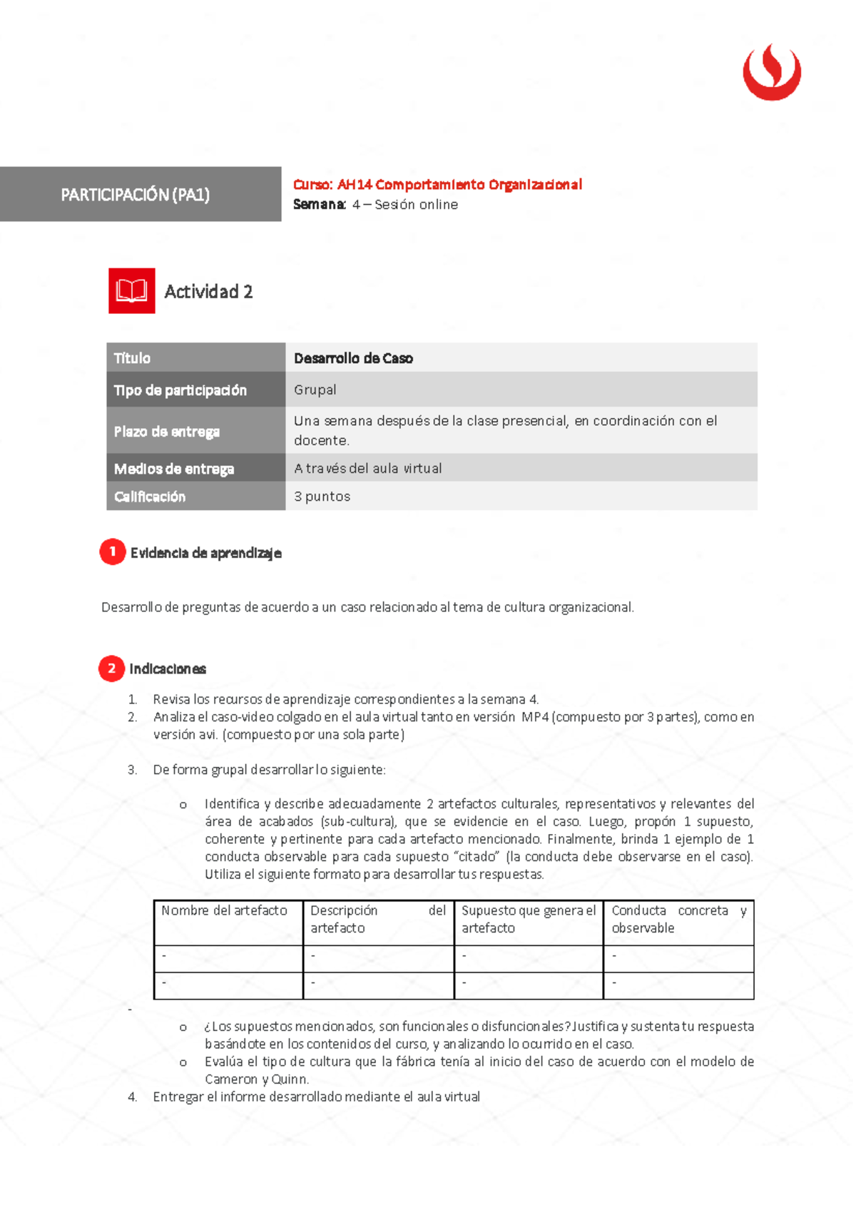 Caso sesión cultura SA - Desarrollo de preguntas de acuerdo a un caso relacionado al tema de ...