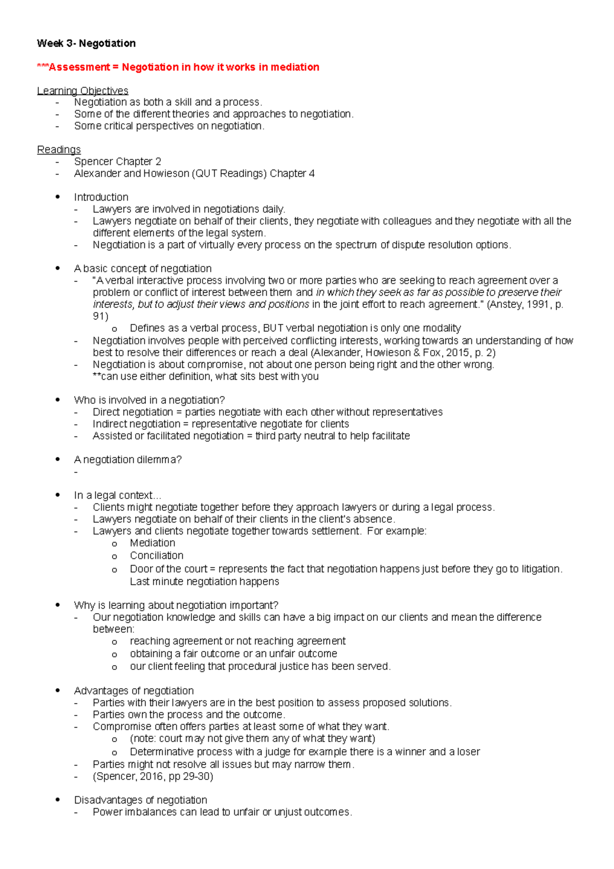 Week 3 Lecture notes LLB103 - Week 3- Negotiation ***Assessment ...
