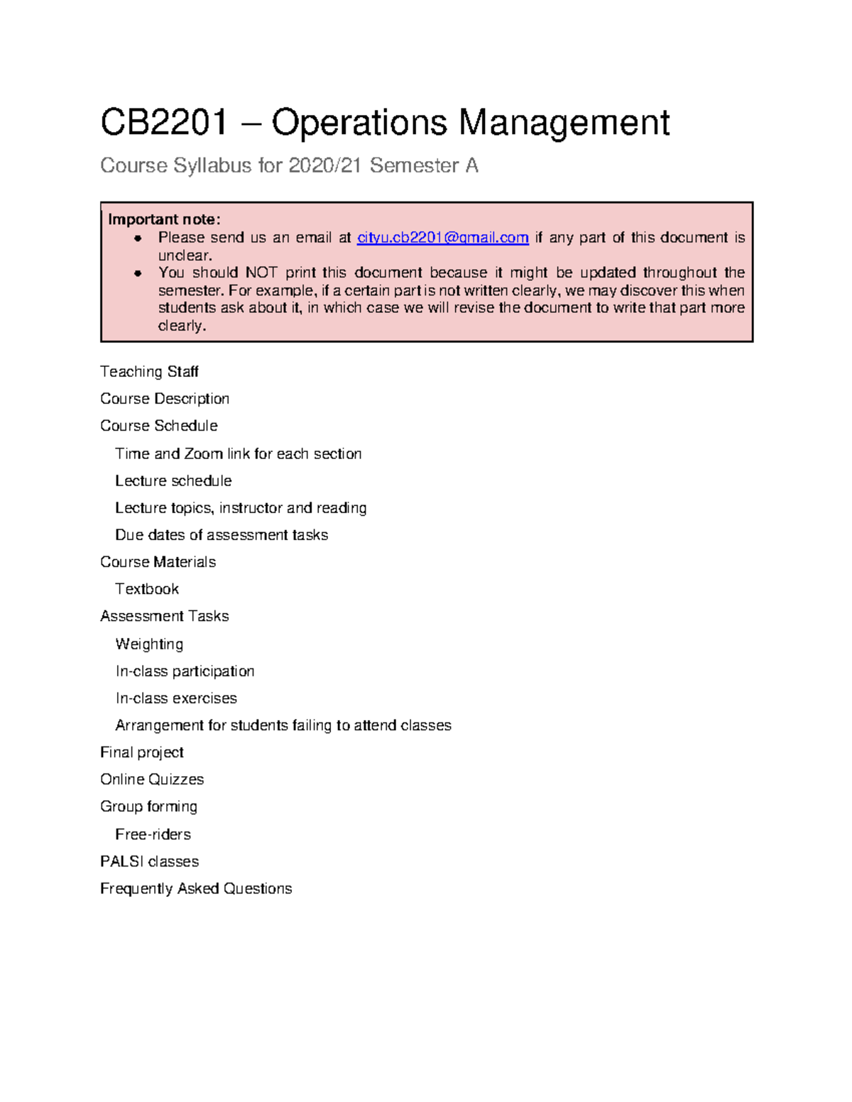 Syllabus of CB2201 2020-21A - CB2201 – Operations Management Course Syllabus for 2020/21 ...