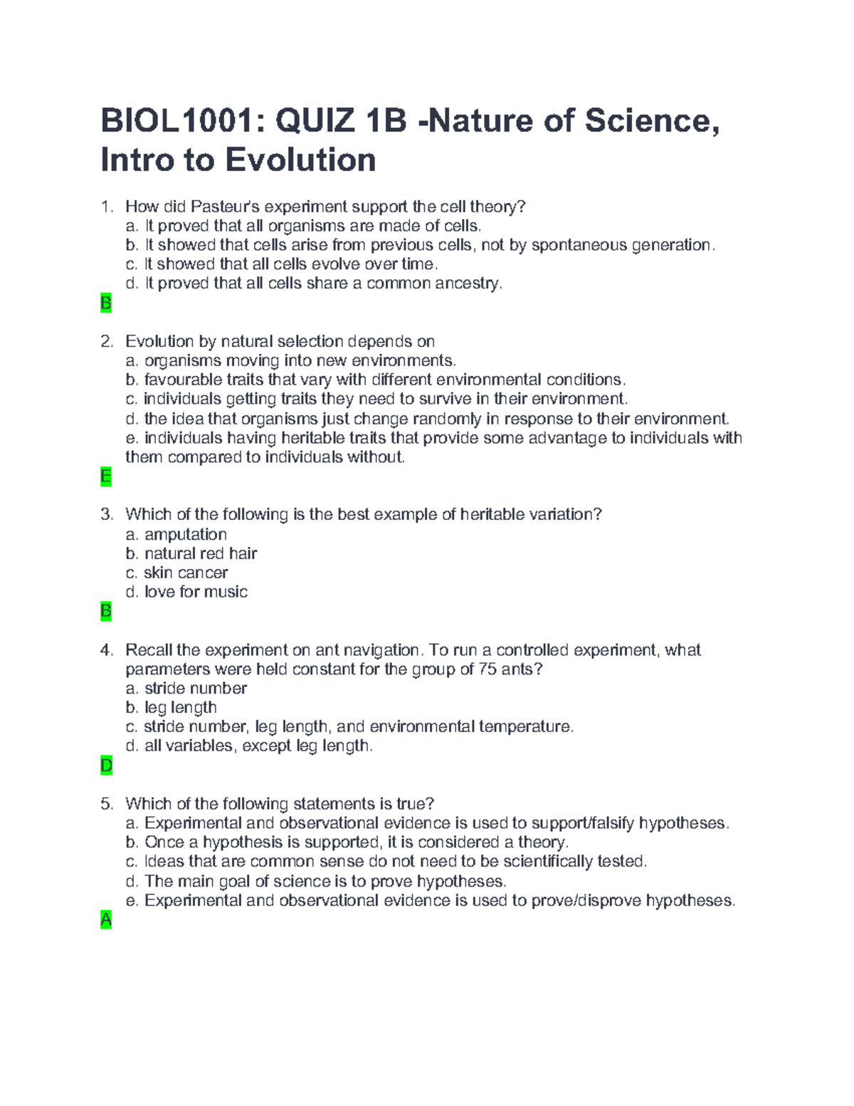 BIOL1001 QUIZ 1B - Nature of Science, Intro to Evolution - Sc/Biol 1001 ...