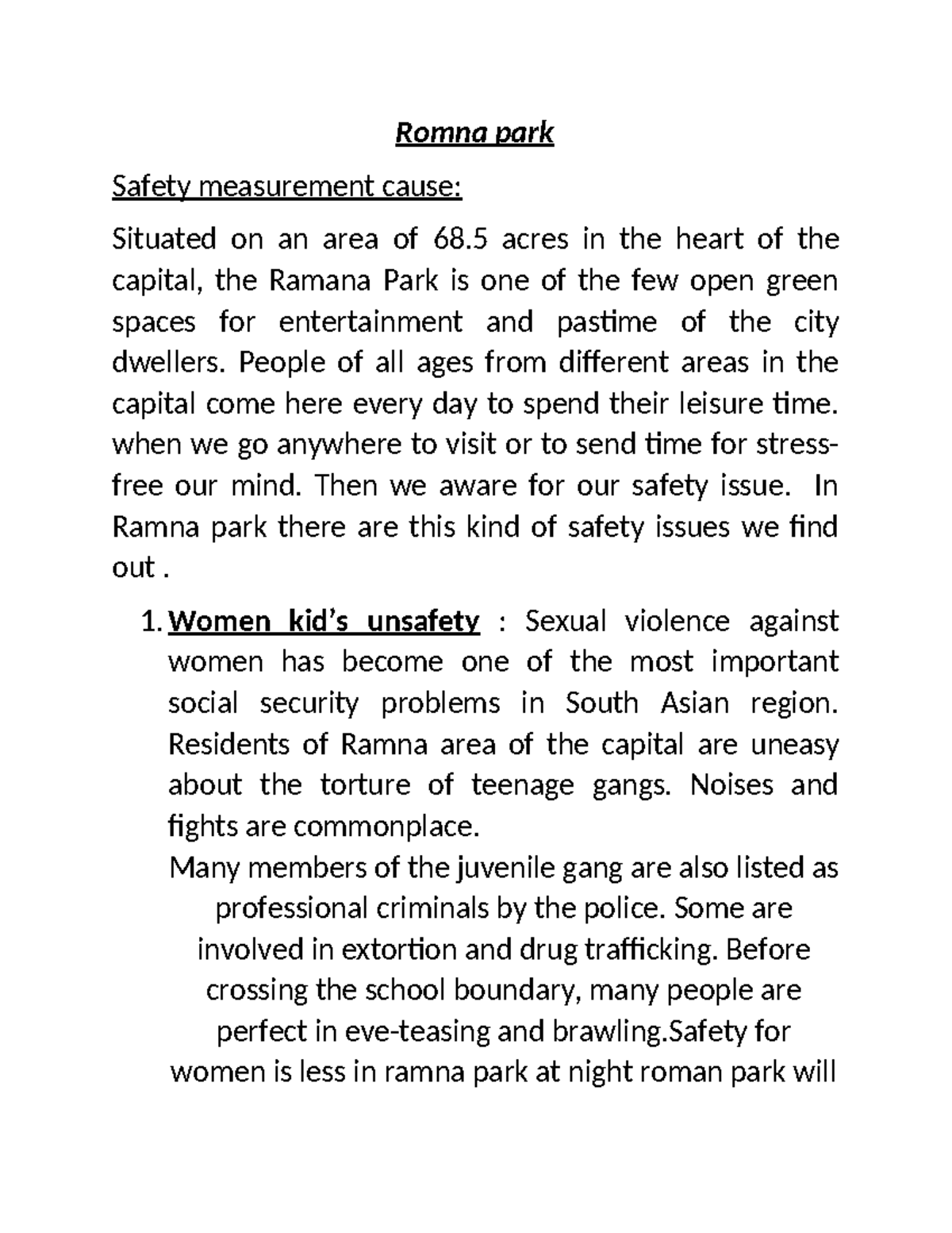 Romna park assigmnt ^.^ - Romna park Safety measurement cause: Situated ...