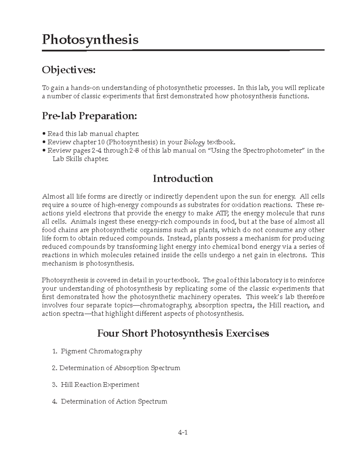 Ch. 4 - Photosynthesis - Lab Instructions - Photosynthesis Objectives ...