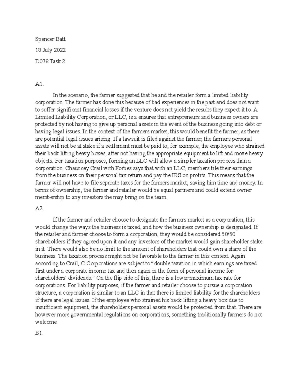 D078 Task 2 - D078 Task 2 - Spencer Batt 18 July 2022 D078 Task 2 A1 ...