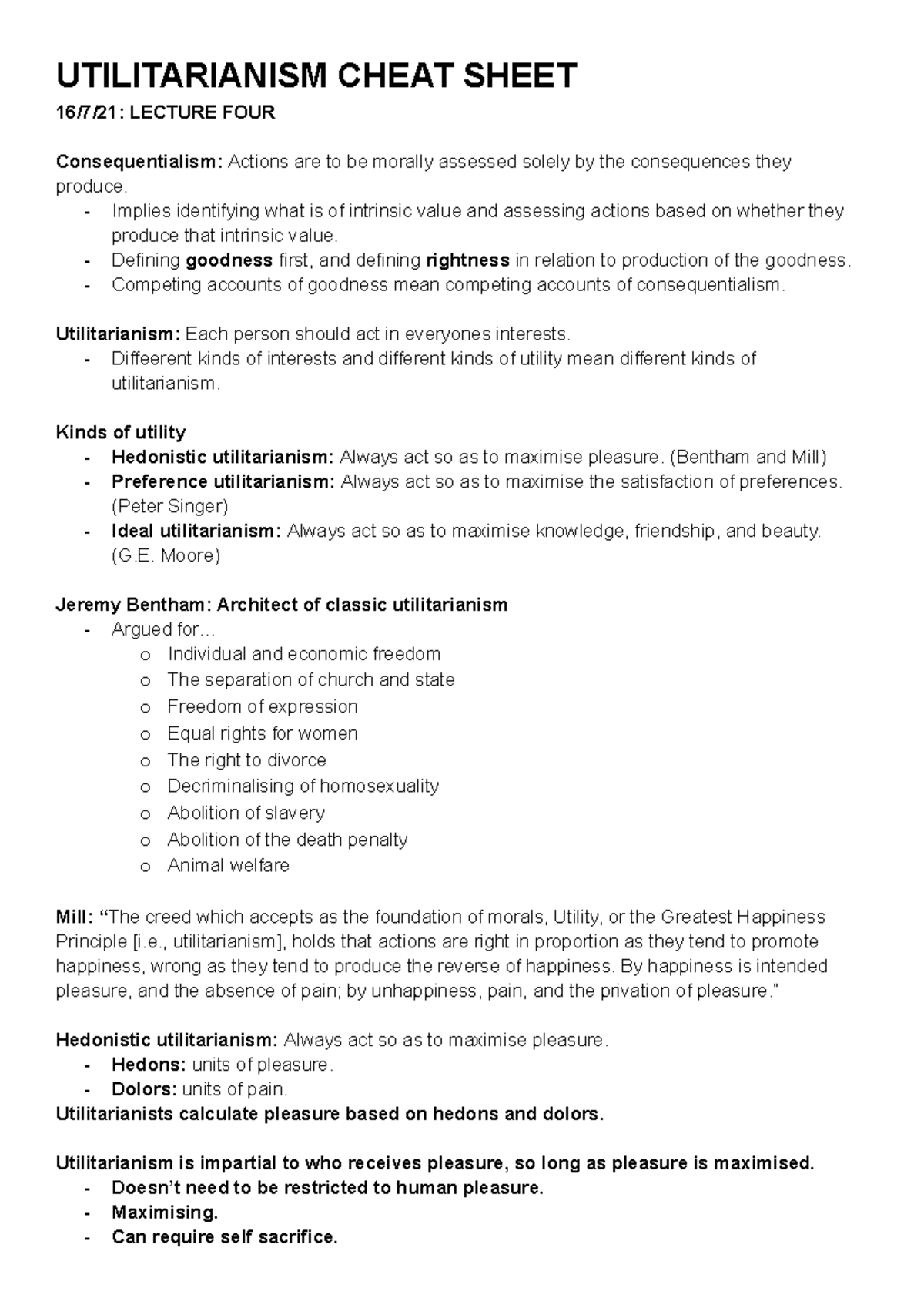 Utilitarianism Cheat Sheet - UTILITARIANISM CHEAT SHEET 16/7/21 ...