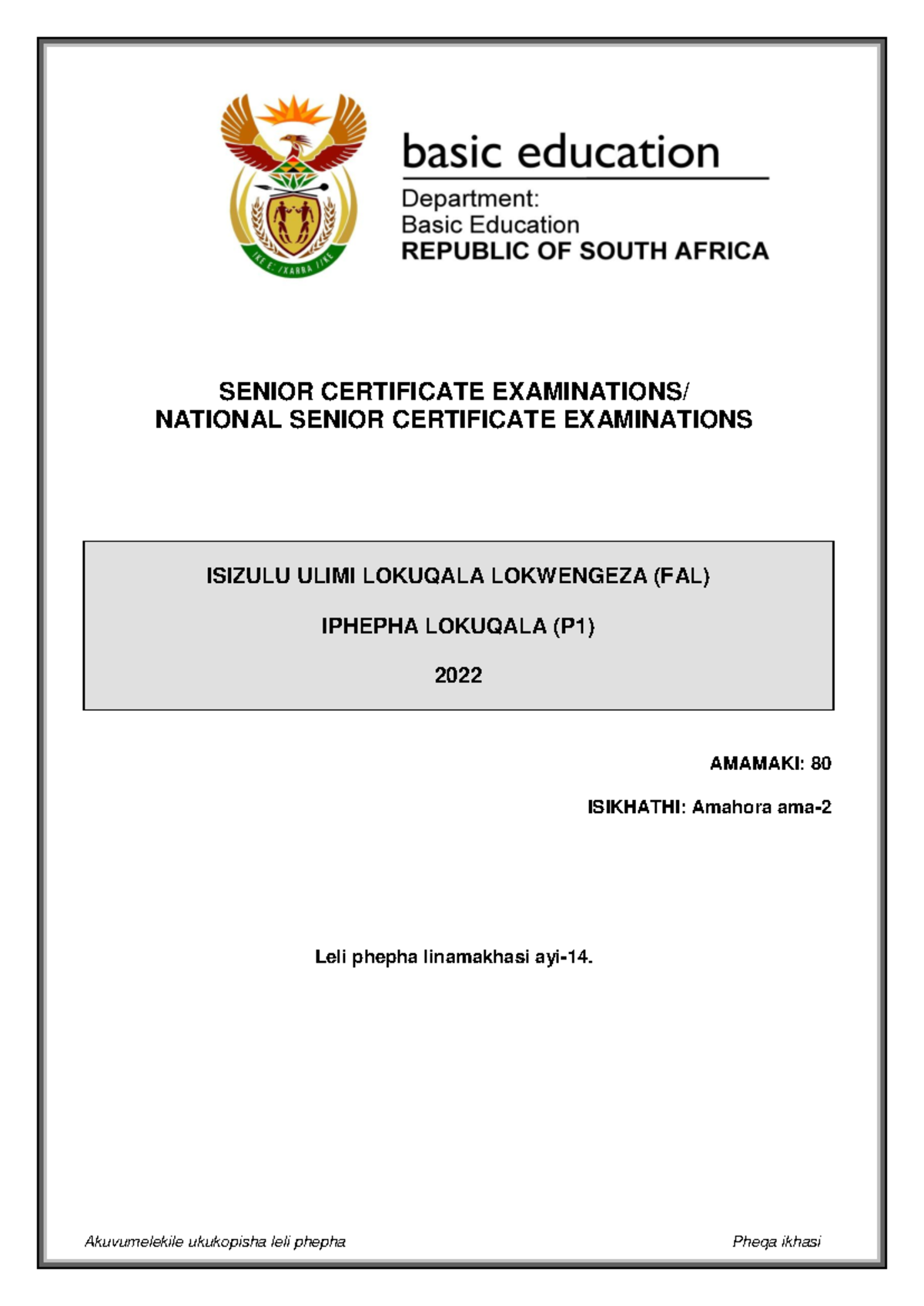 Isi Zulu FAL P1 May-June 2022 - SENIOR CERTIFICATE EXAMINATIONS ...