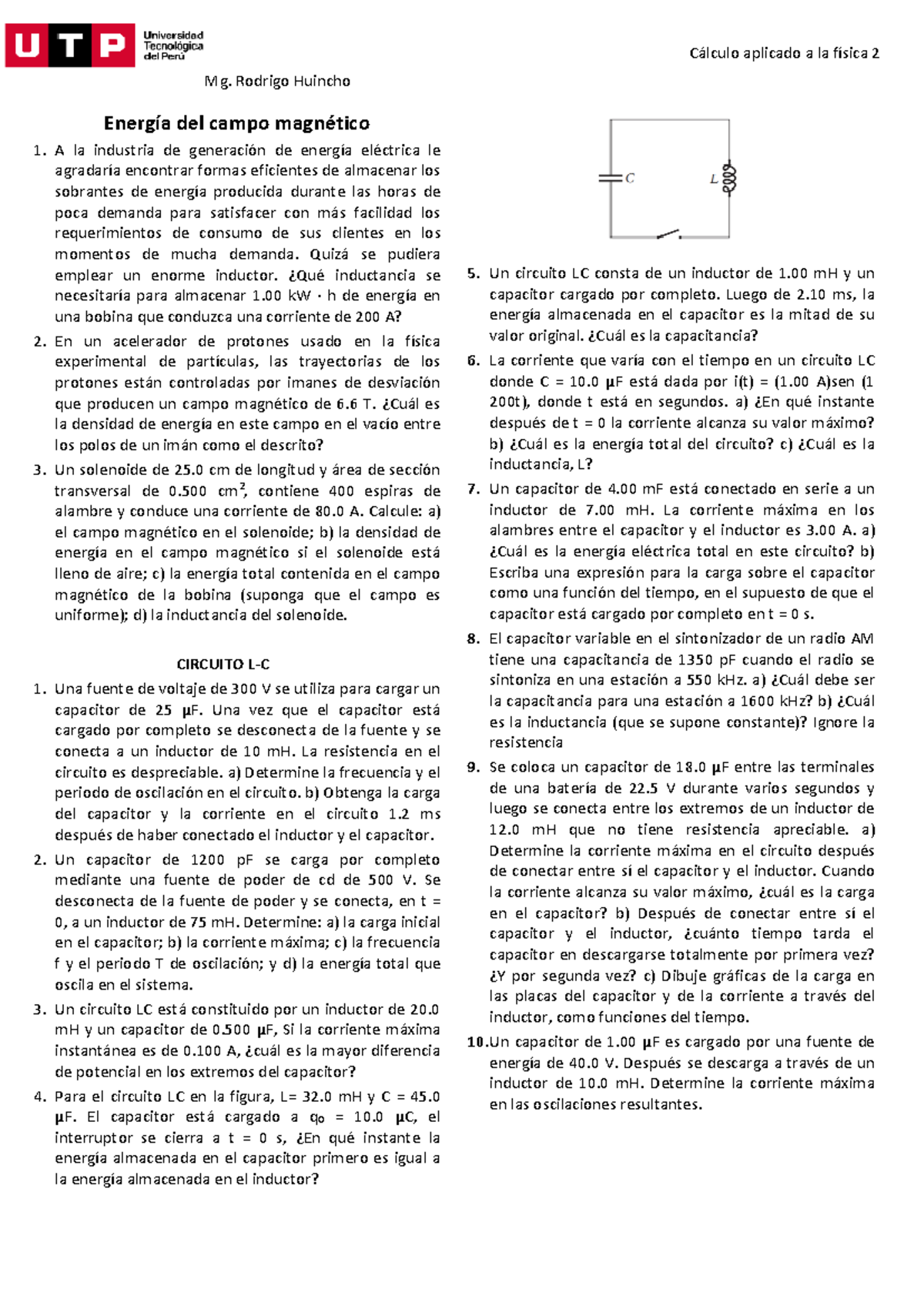 S11.s2-Ejercicios de energia y Circuito LC - Mg. Rodrigo Huincho Cálculo aplicado a la física 2 ...