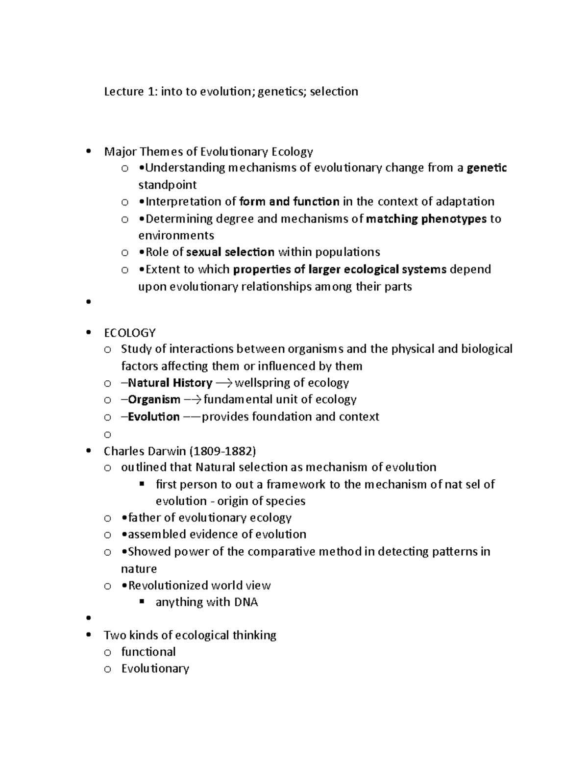 Lecture 1- into to evolution; genetics; selection - o EVOLUTIONARY ecological thinking→–ultimate ...
