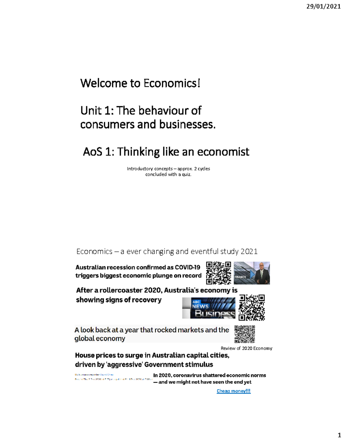 Econ Unit 1 Ao S 1 PP1 Student v 2021 - Welcome to Economics! Unit 1 ...