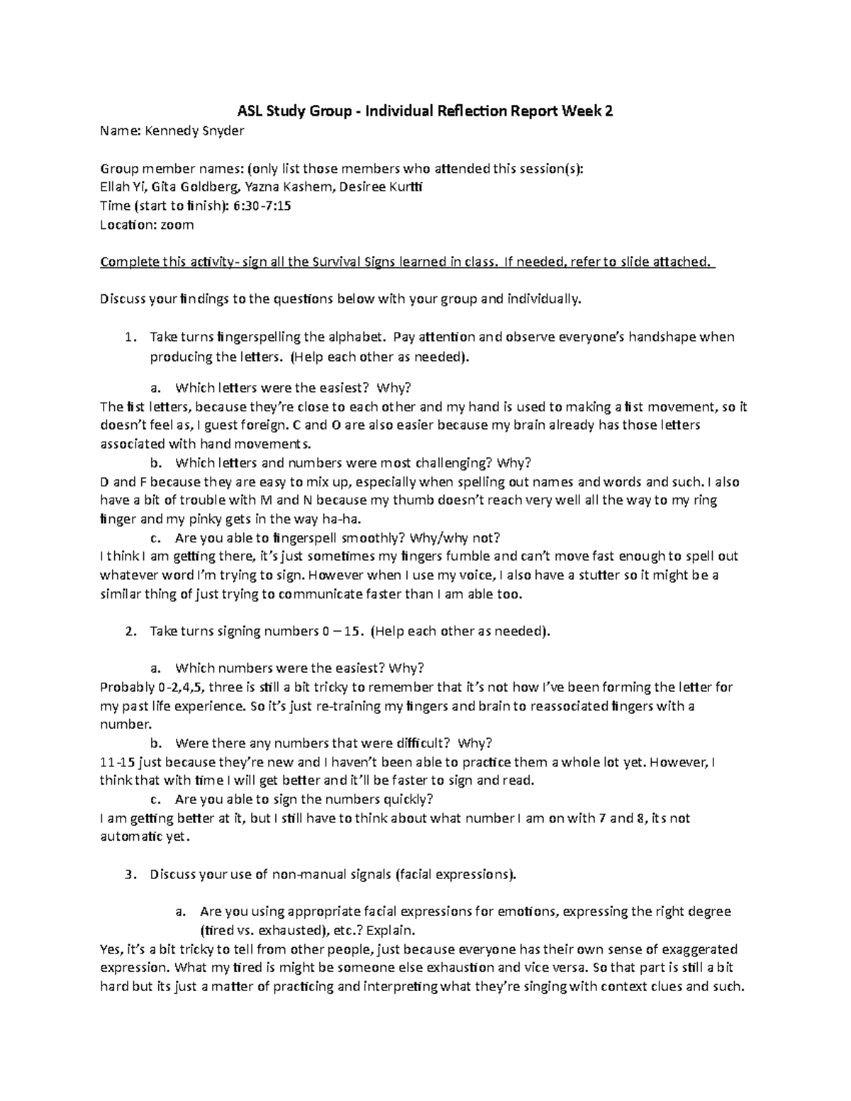 ASL Report Week 2 - ASL Study Group - Individual Reflection Report Week ...