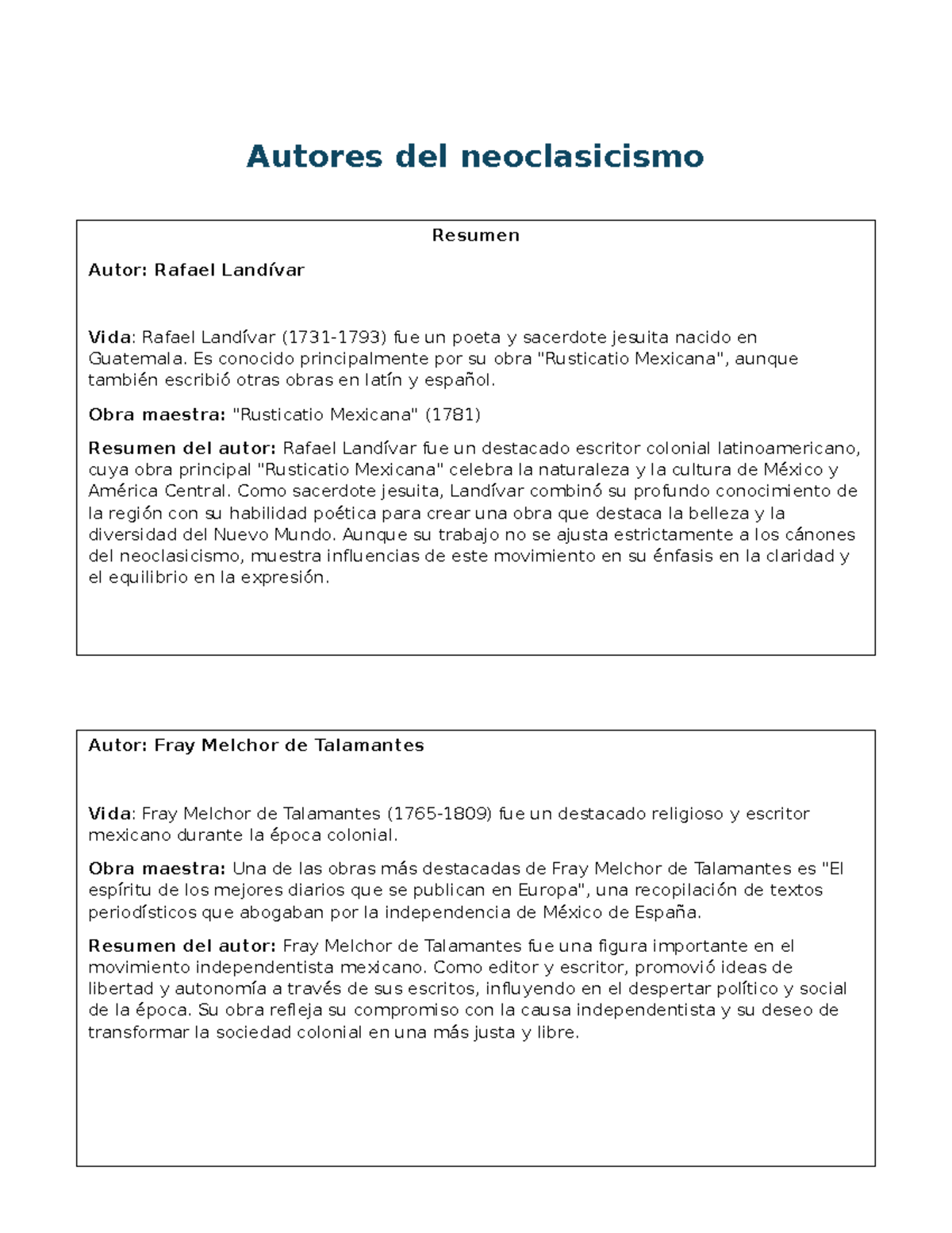 Autores del neoclasicismo - Autores del neoclasicismo Resumen Autor: Rafael Landívar Vida ...