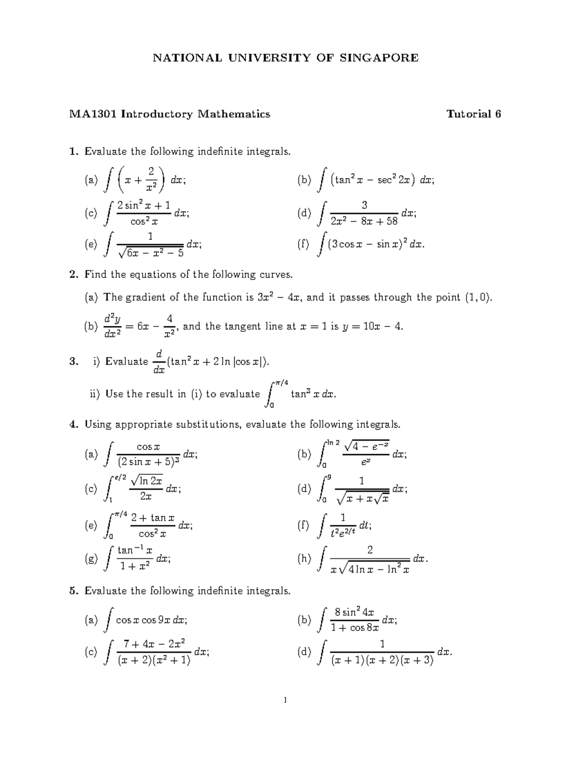 MA1301-Tutorial 6 - MA1301-Tutorial 6 - NATIONAL UNIVERSITY OF SINGAPORE MA1301 Introductory ...