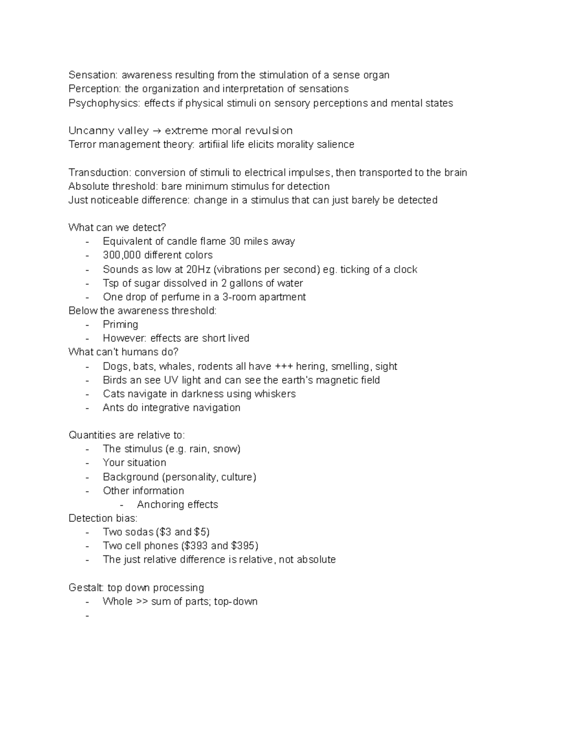 Notes 10 20 - Sensation: awareness resulting from the stimulation of a ...