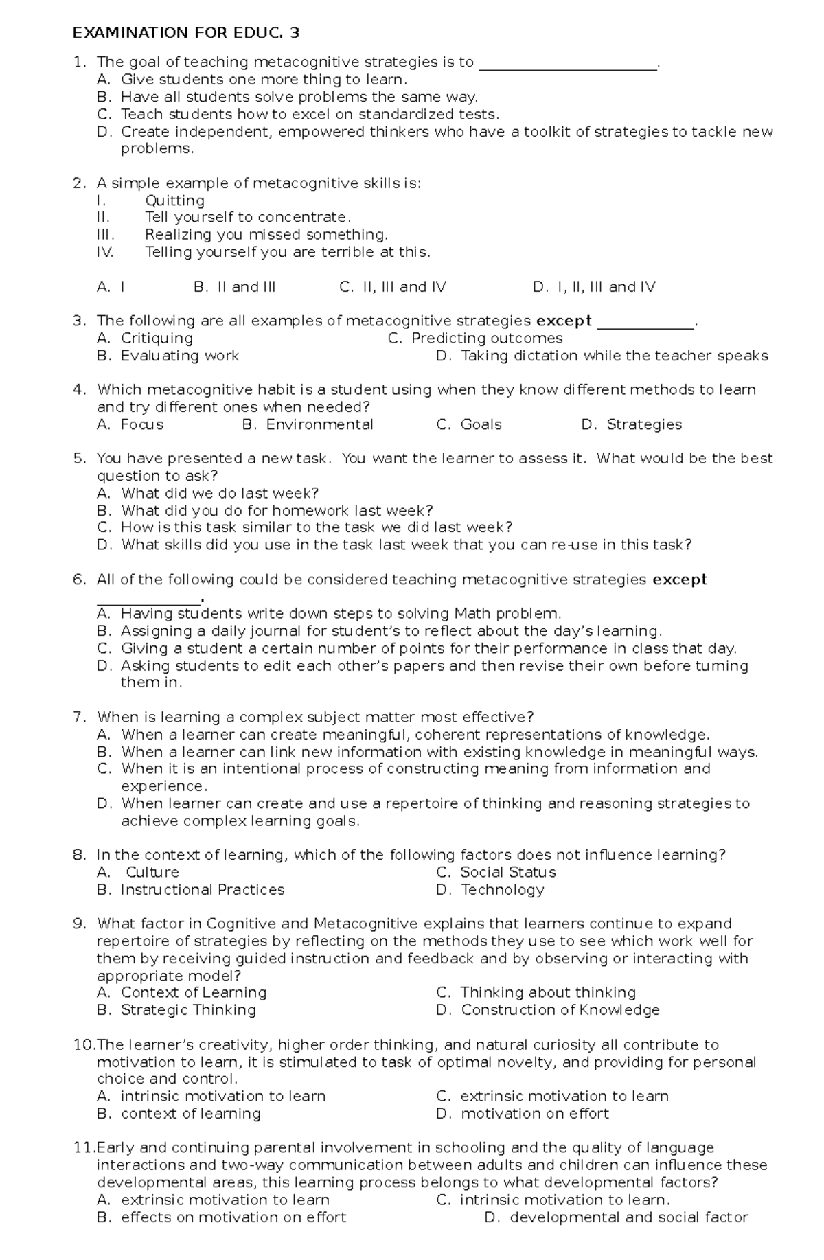 Examination FOR EDUC without answer - EXAMINATION FOR EDUC. 3 The goal ...