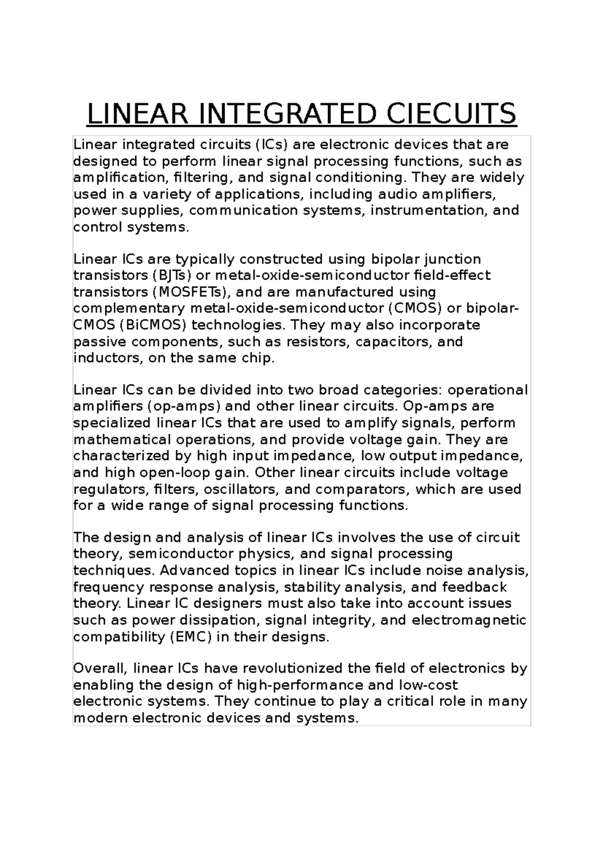 Linear Integrated Circuits - LINEAR INTEGRATED CIECUITS Linear ...