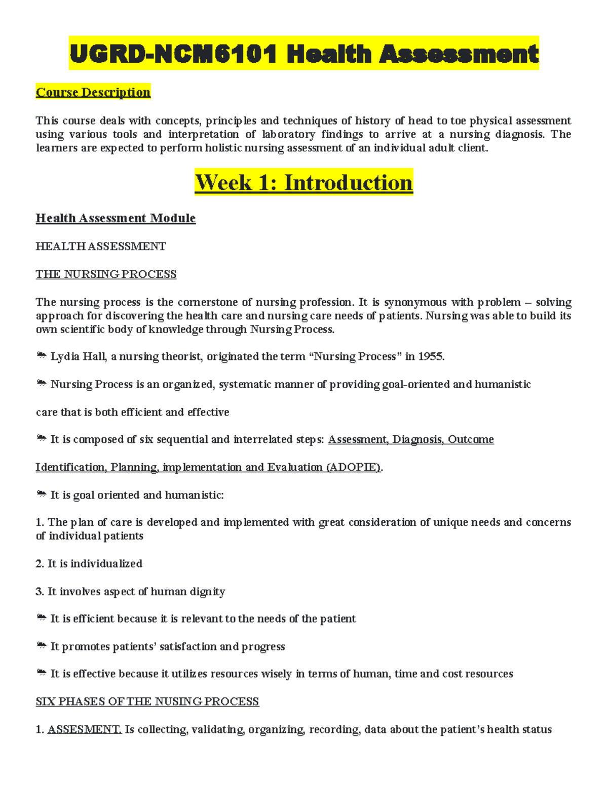 UGRD-NCM6101 Health Assessment TO HELP OTHER STUDENT WHO IS STYRUGGLING ...