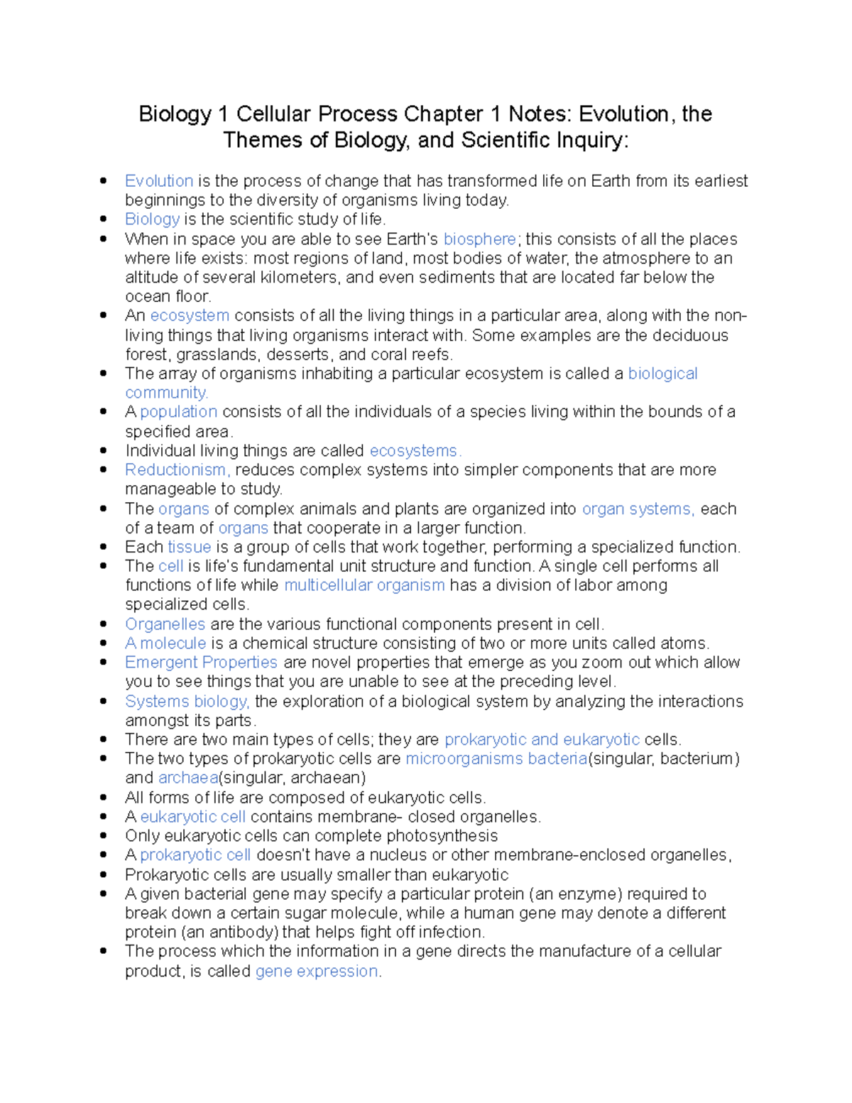 Biology 1 Cellular Process Chapter 1 Notes - Biology 1 Cellular Process ...