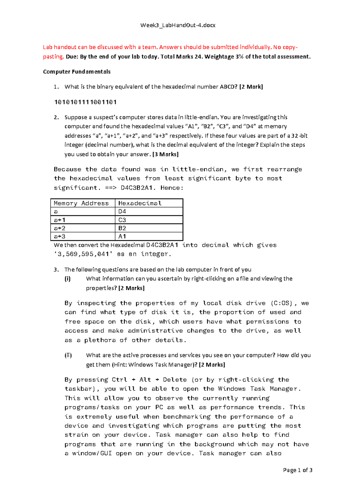 Lab2 Hand Out - Week3_LabHandOut-4 Page 1 of 3 Lab handout can be discussed with a team. Answers ...