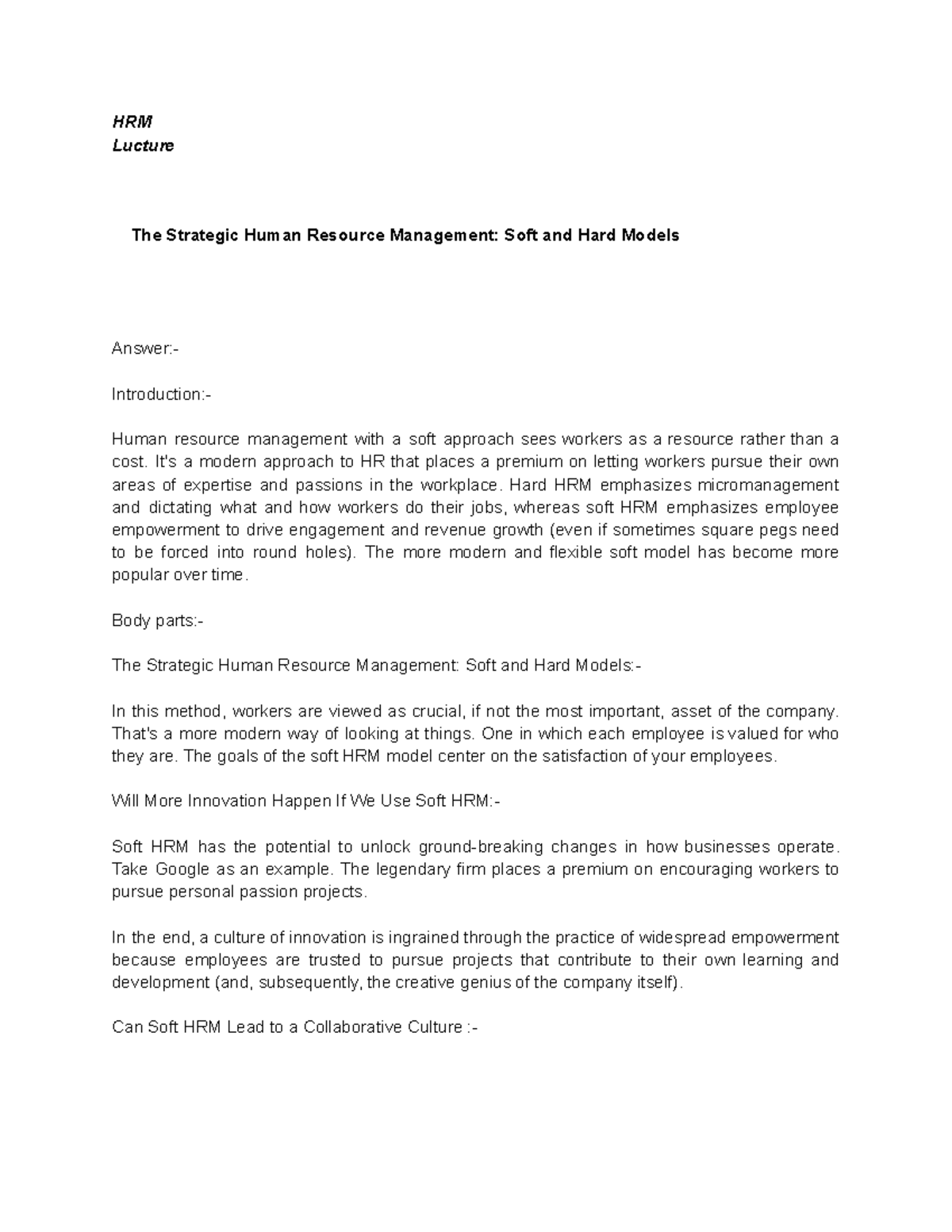The Strategic Human Resource Management Soft and Hard Models - HRM ...
