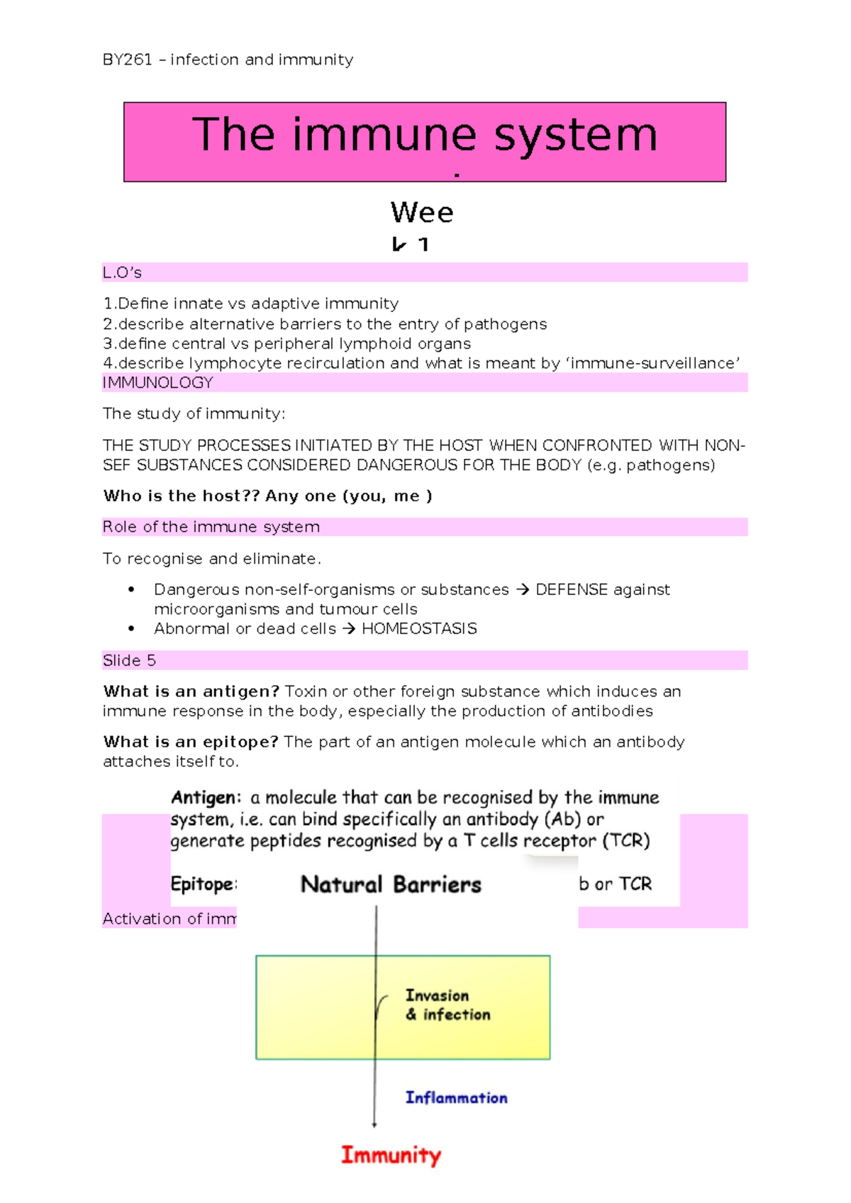 Immune system week 1 - WEEK 1 NOTES - L’s 1 innate vs adaptive immunity ...