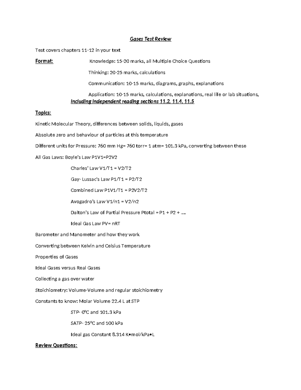 11u Unit #5 Test Review - Answer key - Gases Test Review Test covers ...