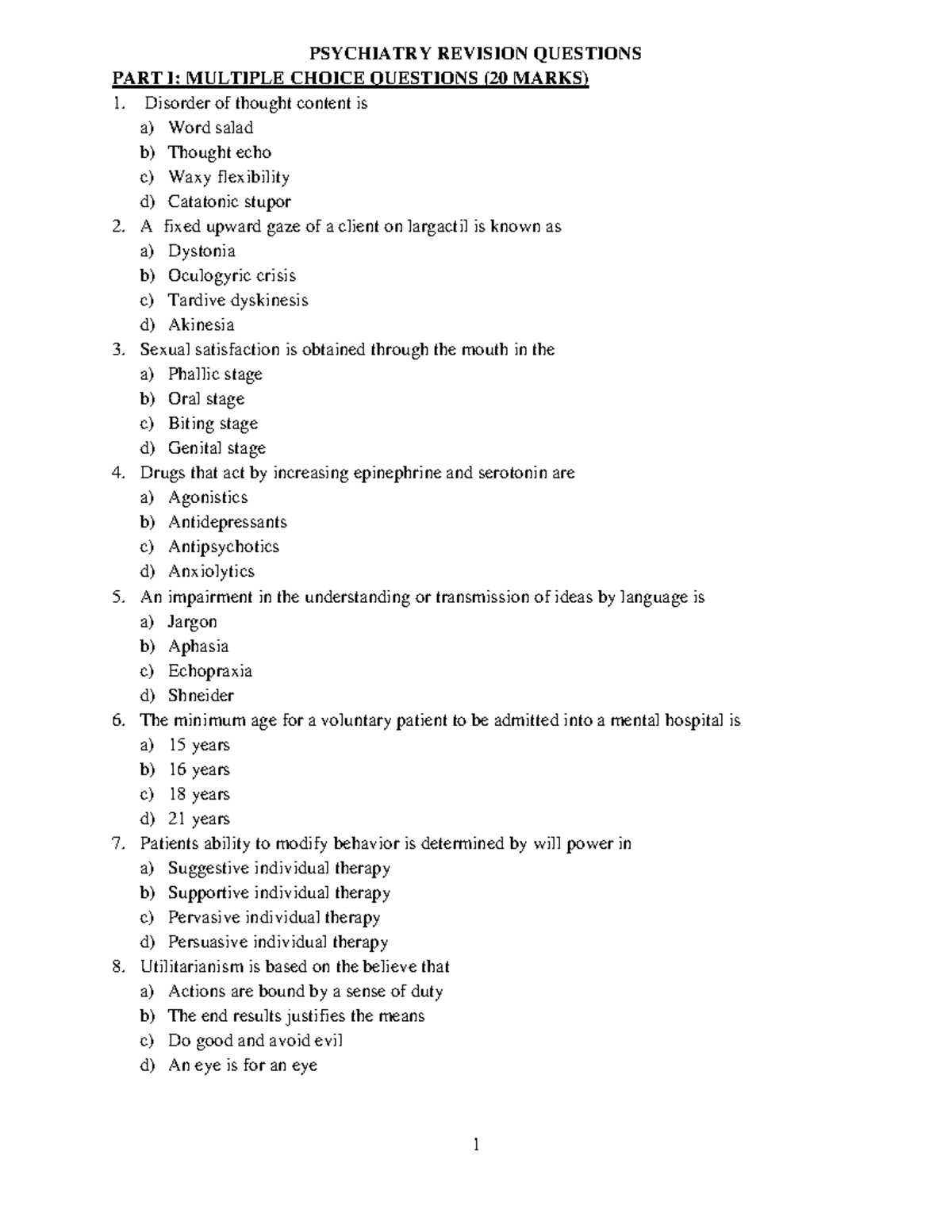 Psychiatry Revision Qs - PSYCHIATRY REVISION QUESTIONS PART I: MULTIPLE ...