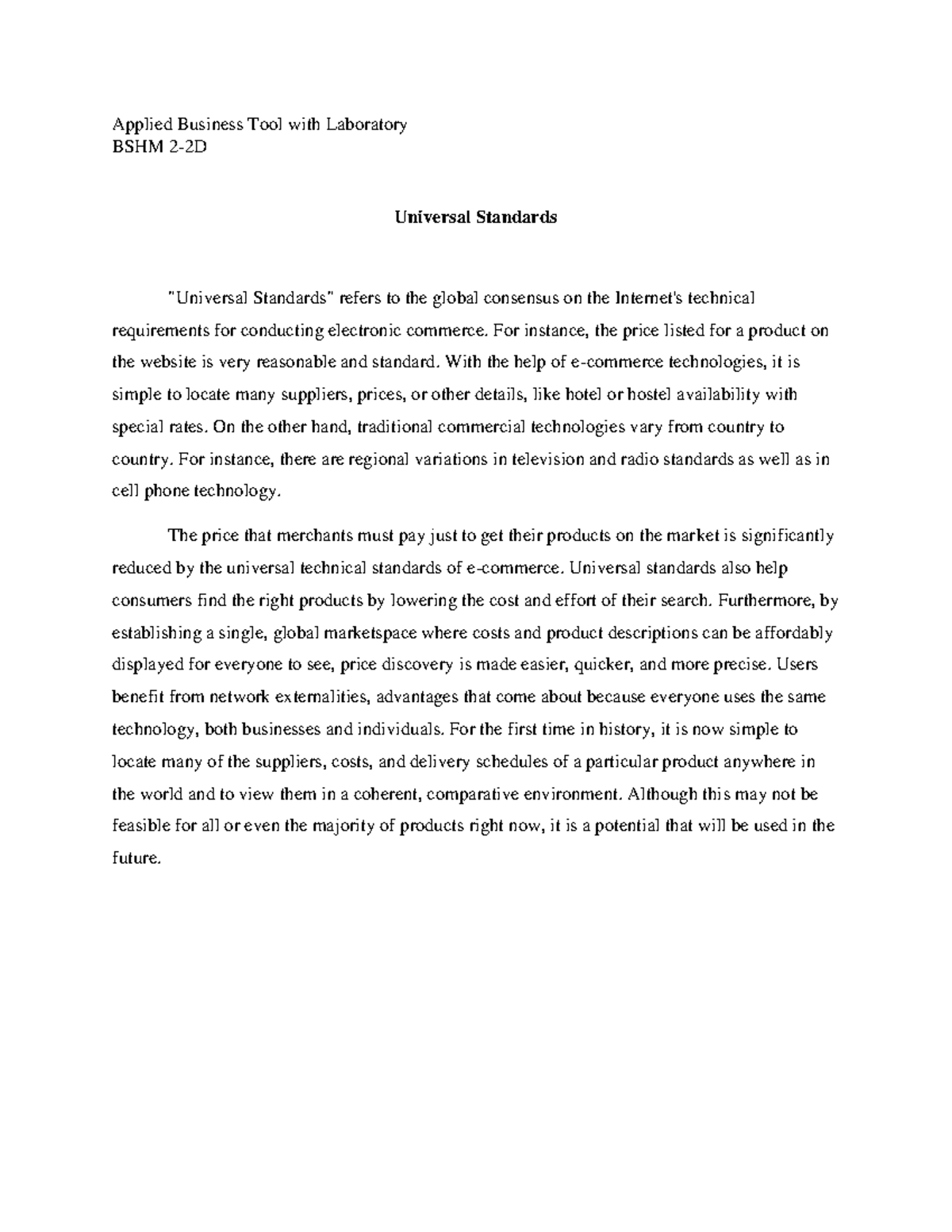 Universal Standards - note - Applied Business Tool with Laboratory BSHM ...