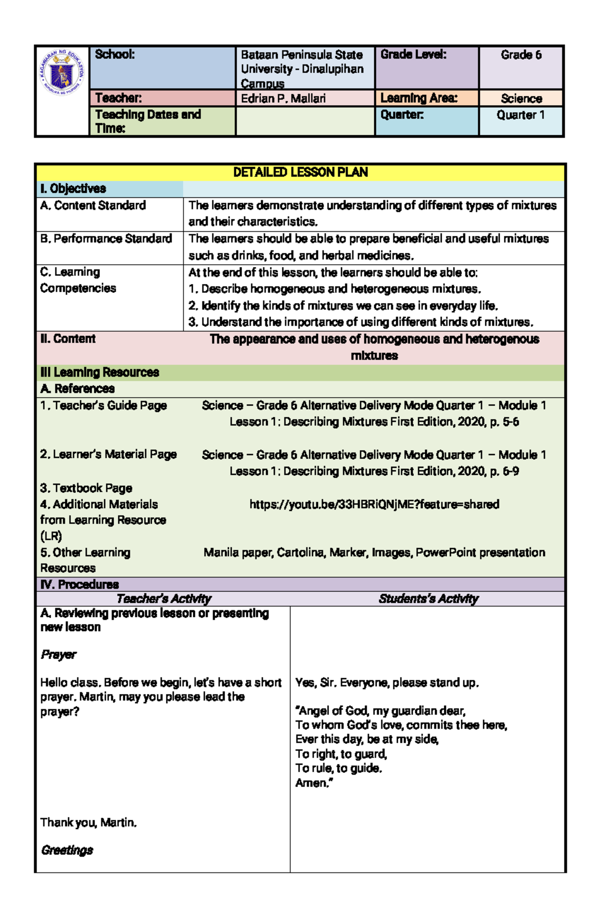 DLPScience-Intermediate Grade - DETAILED LESSON PLAN I. Objectives A ...