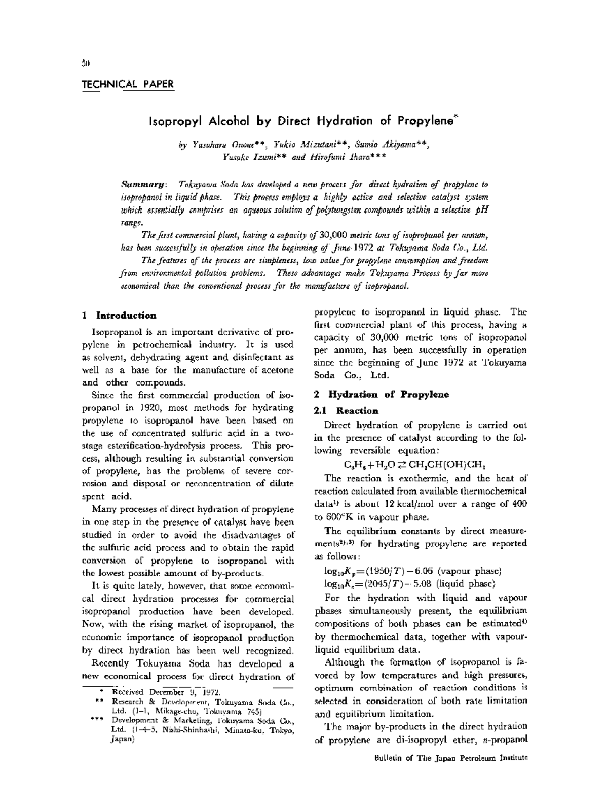 Isopropyl Alcohol by Direct Hydration of Propylene - This process ...