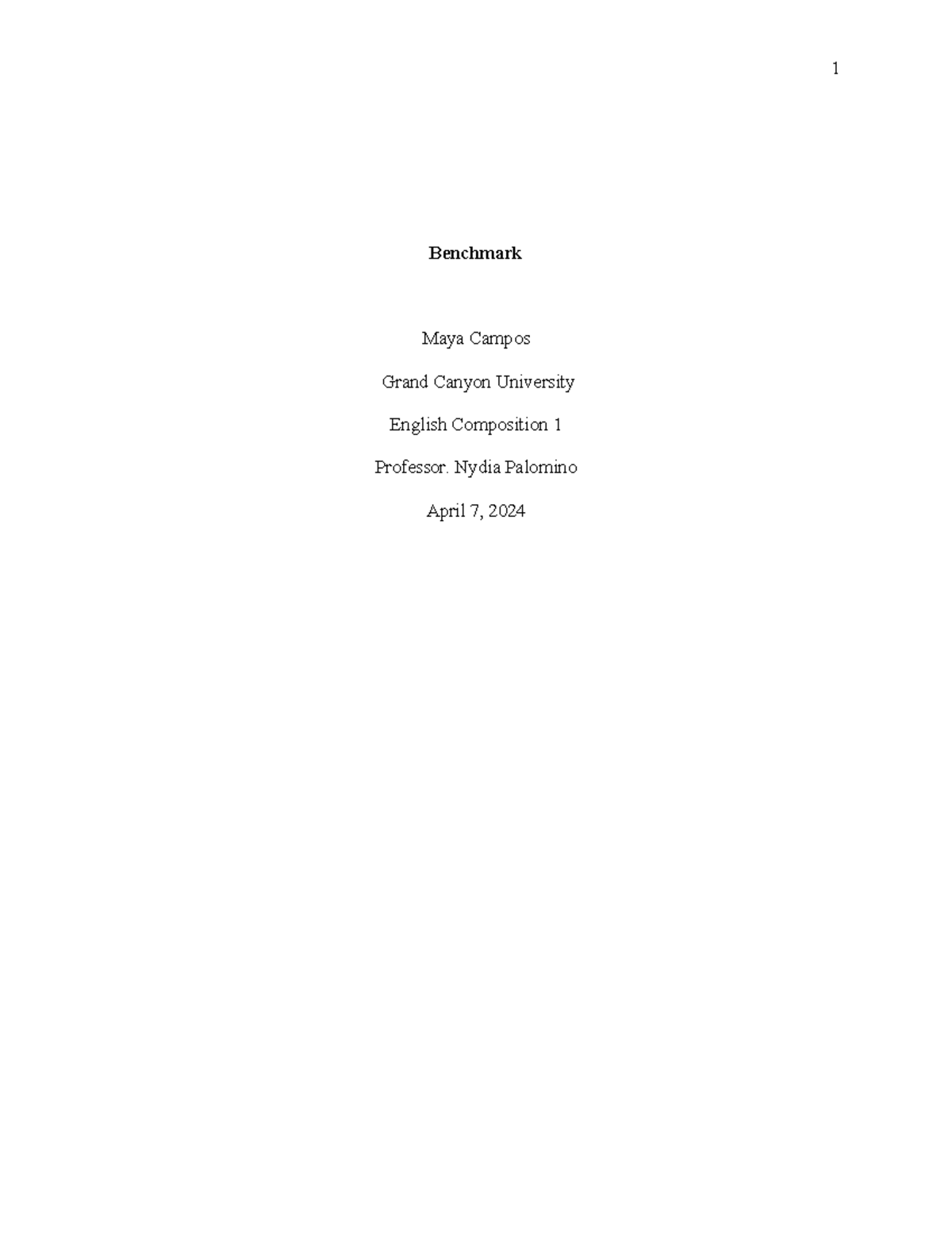 Benchmark - easy a - Benchmark Maya Campos Grand Canyon University ...