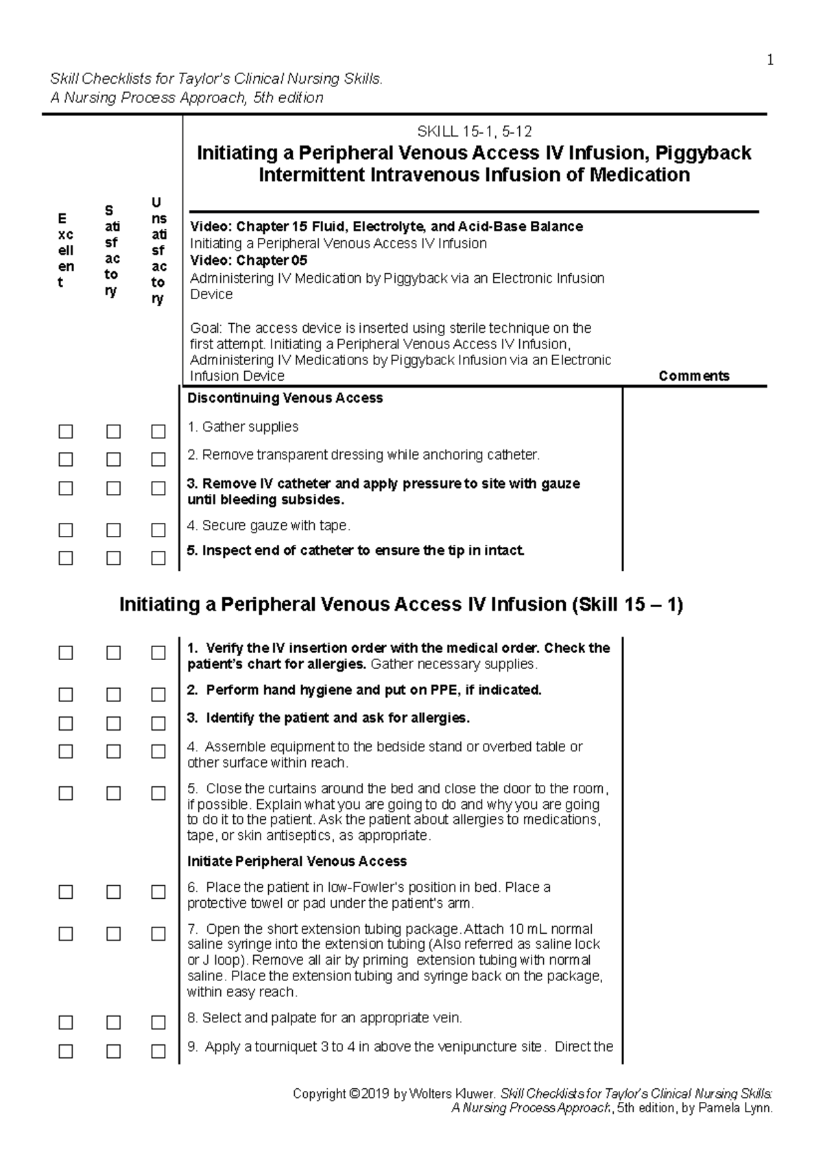 IV Start with Fluid and IVPB Checkoff - Skill Checklists for Taylor’s ...
