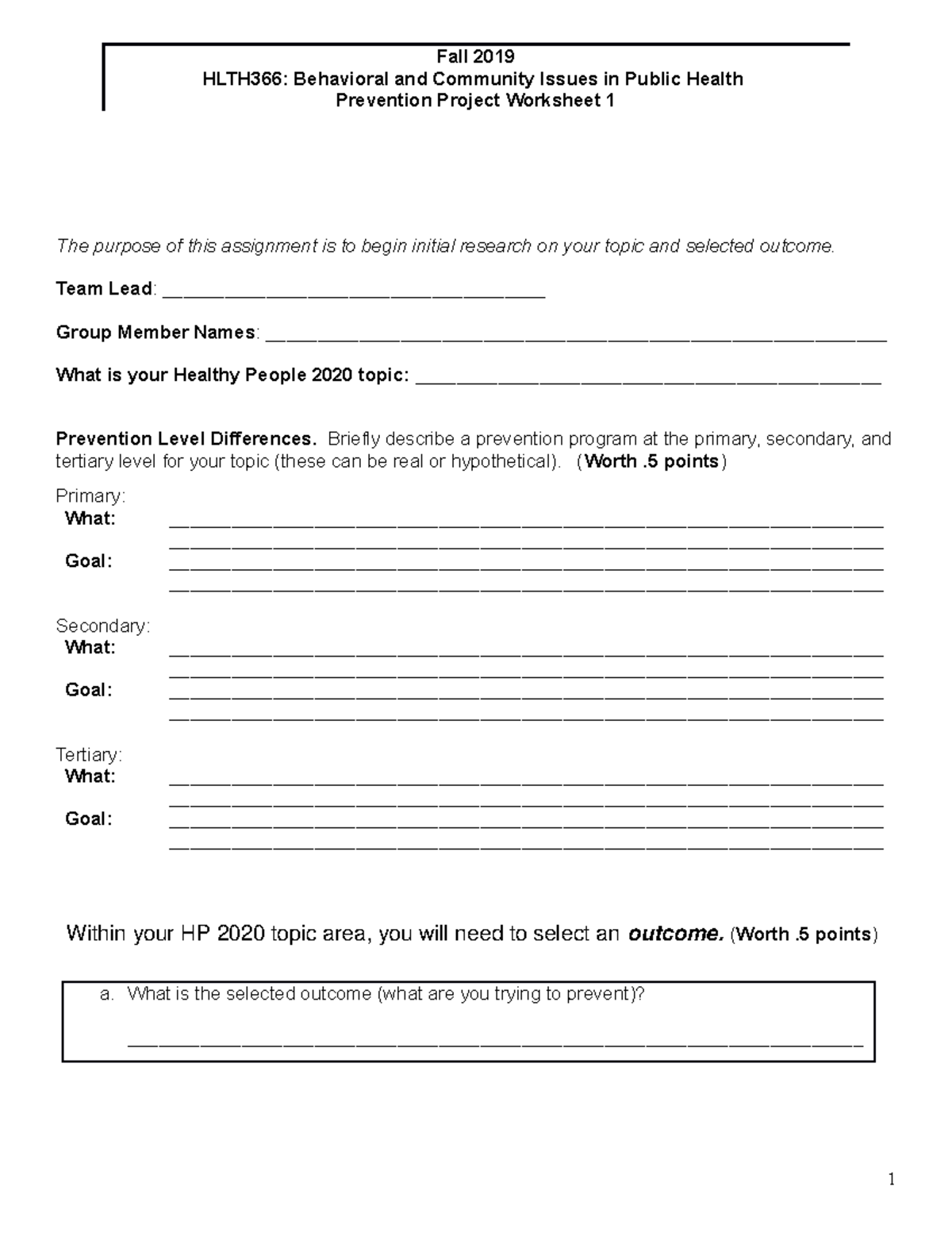 Worksheet 1 for Prevention Project - The purpose of this assignment is ...