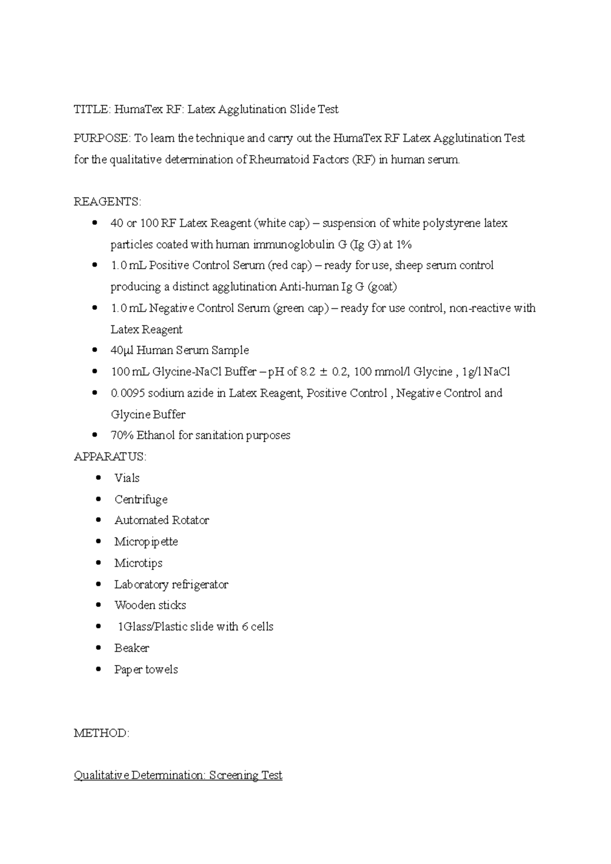 Latex Agglutination - worksheet - TITLE: HumaTex RF: Latex ...