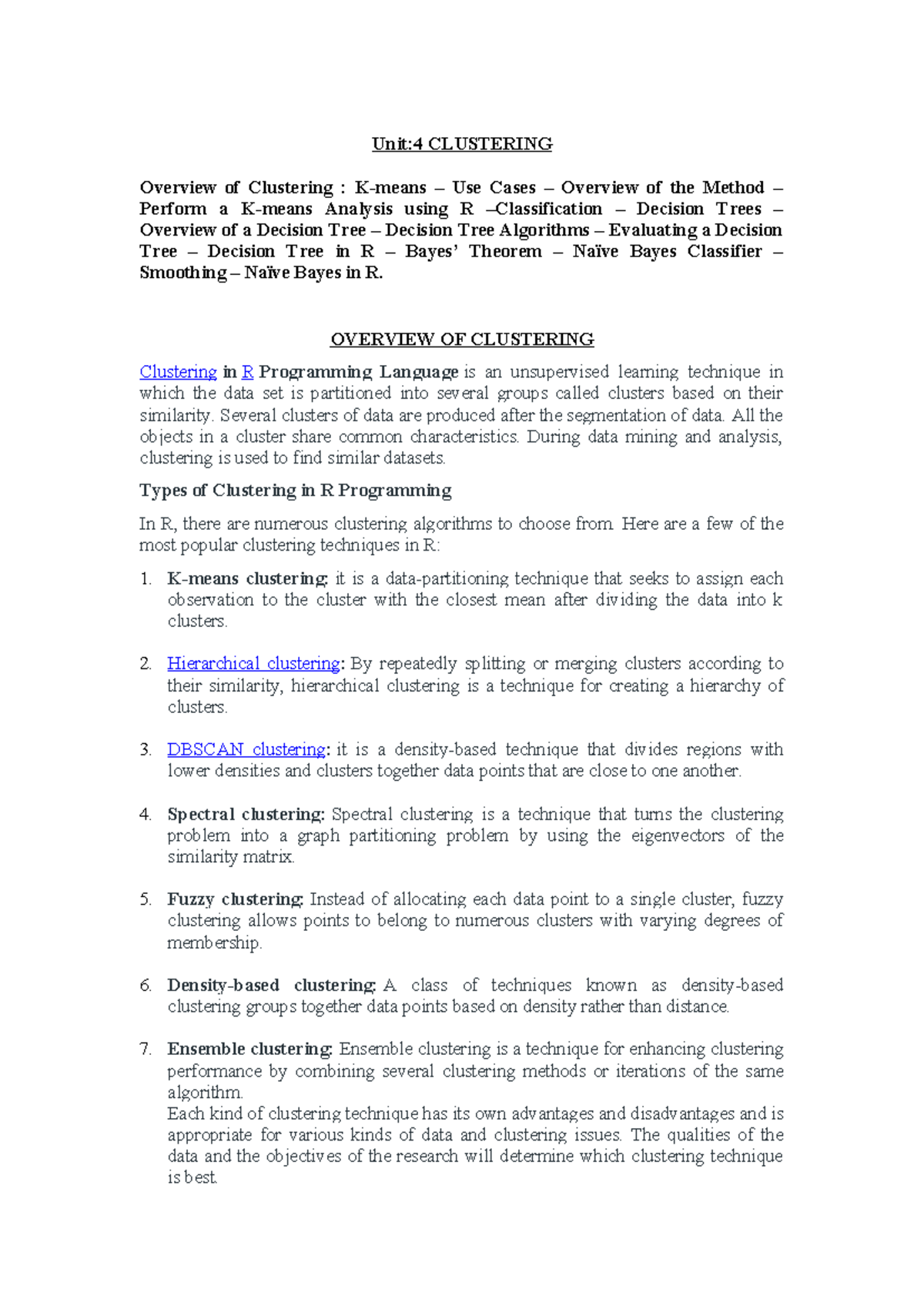 UNIT4- Datascience - NOTES - Unit:4 CLUSTERING Overview of Clustering ...
